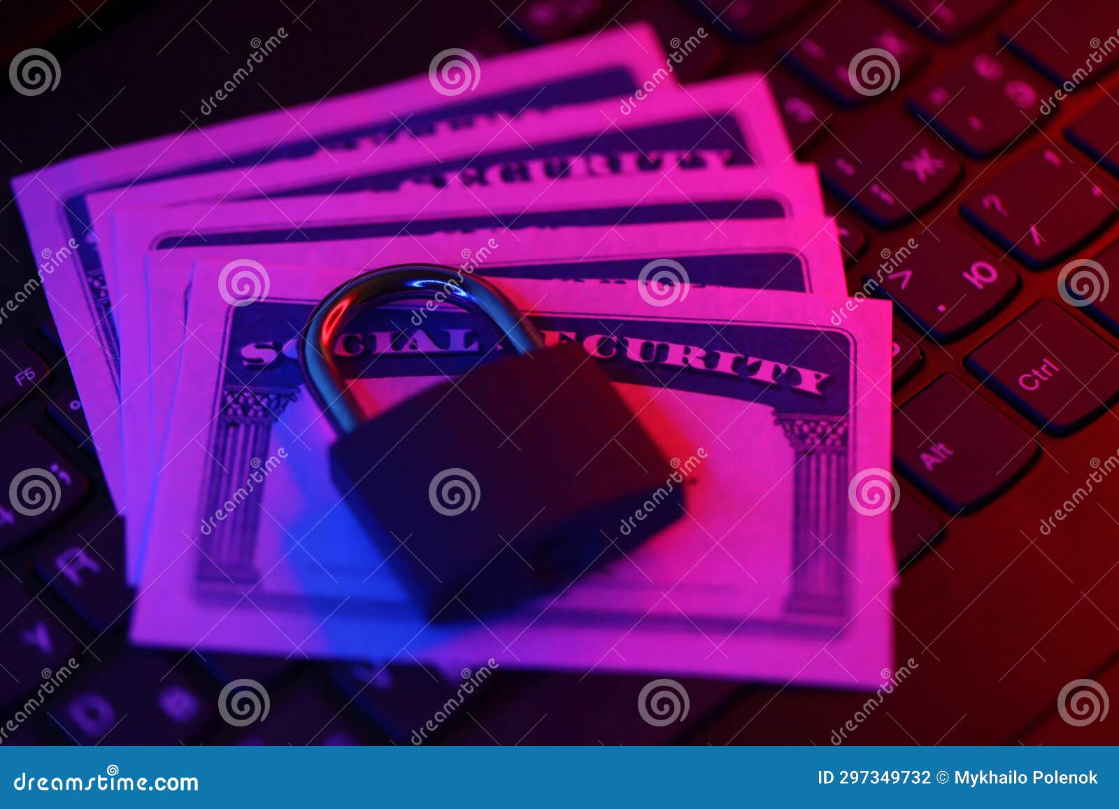 Padlock and Social Security Card on Computer Keyboard. Identity Theft ...
