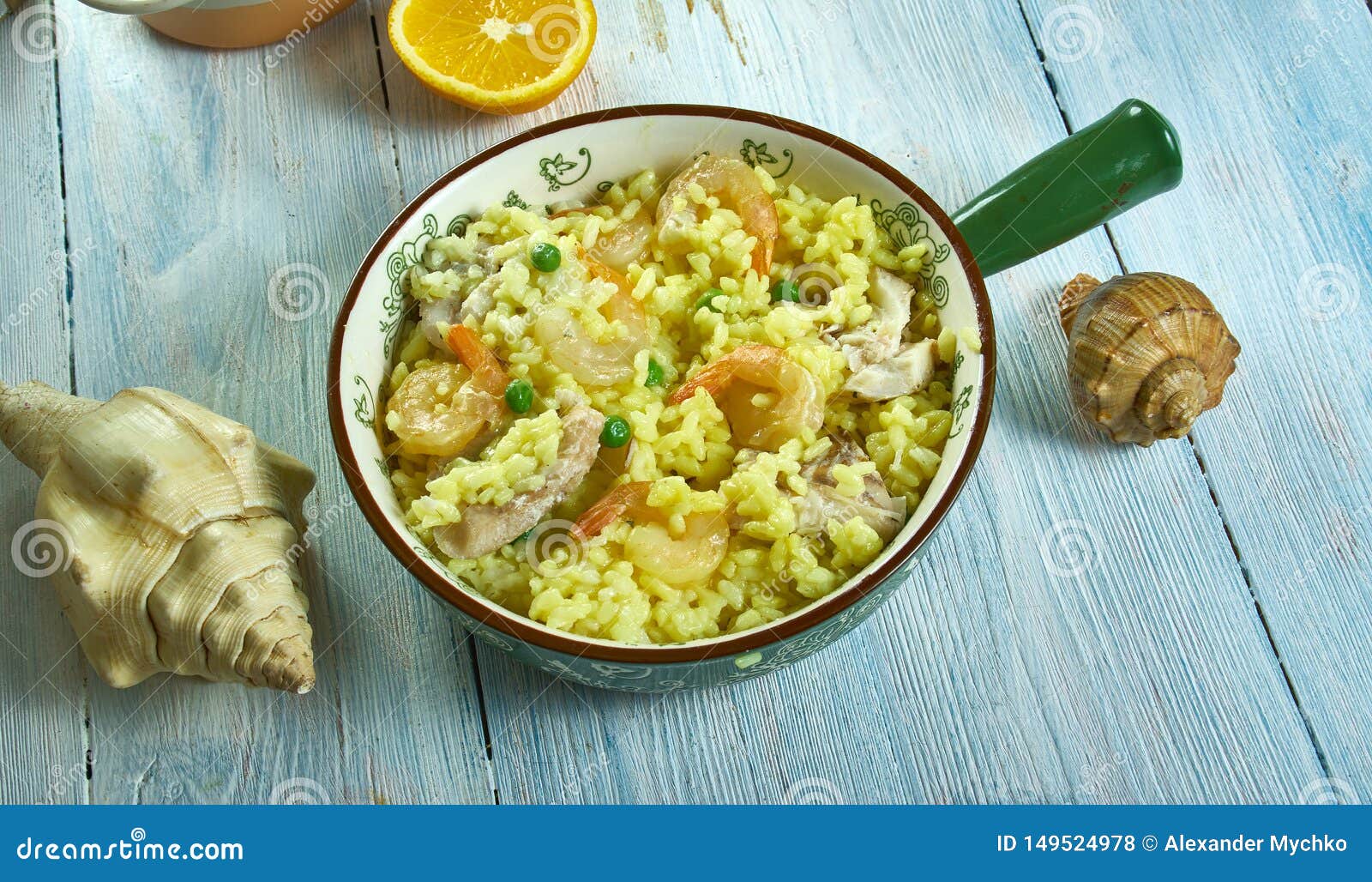 Paella with cod and shrimp stock photo. Image of corsican - 149524978