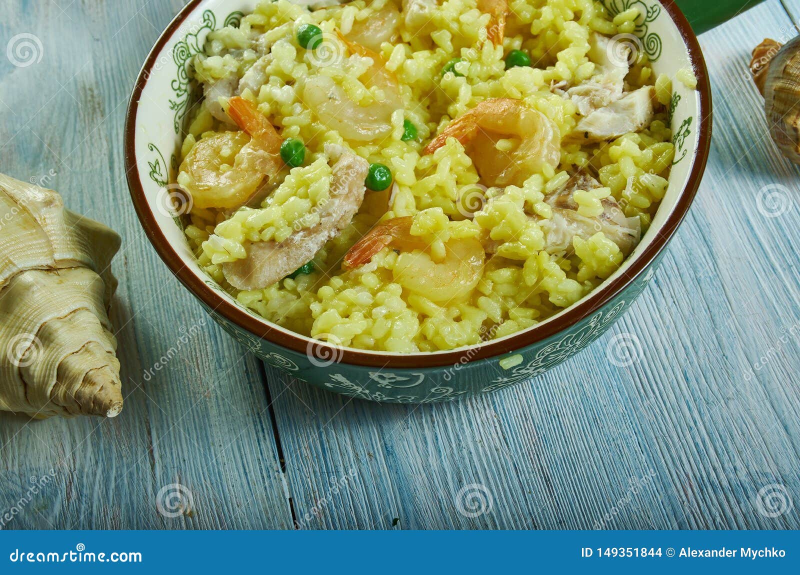 Paella with cod and shrimp stock photo. Image of classic - 149351844