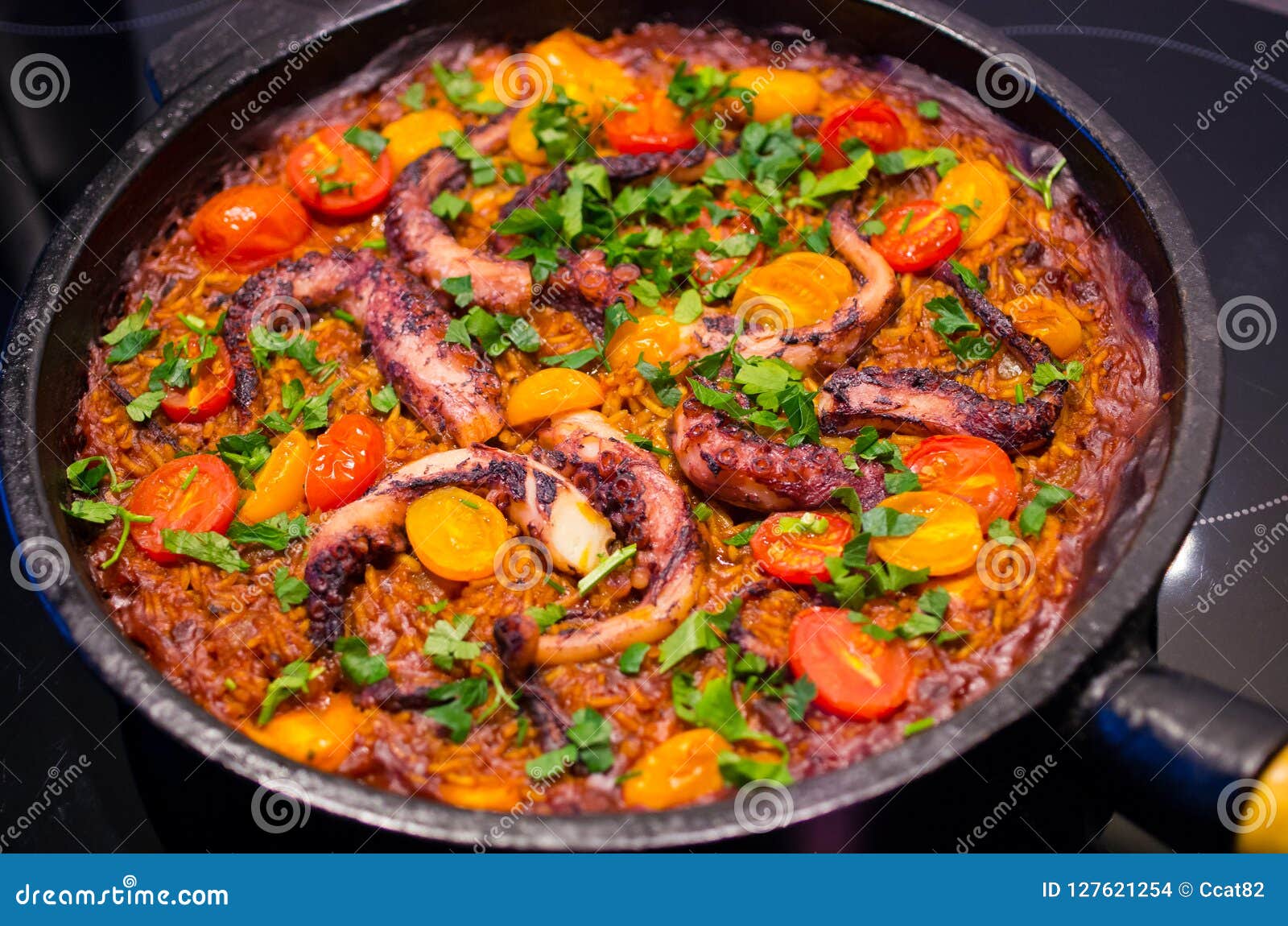 Paella with Octopus on the Pan Stock Photo - Image of gourmet, spain ...