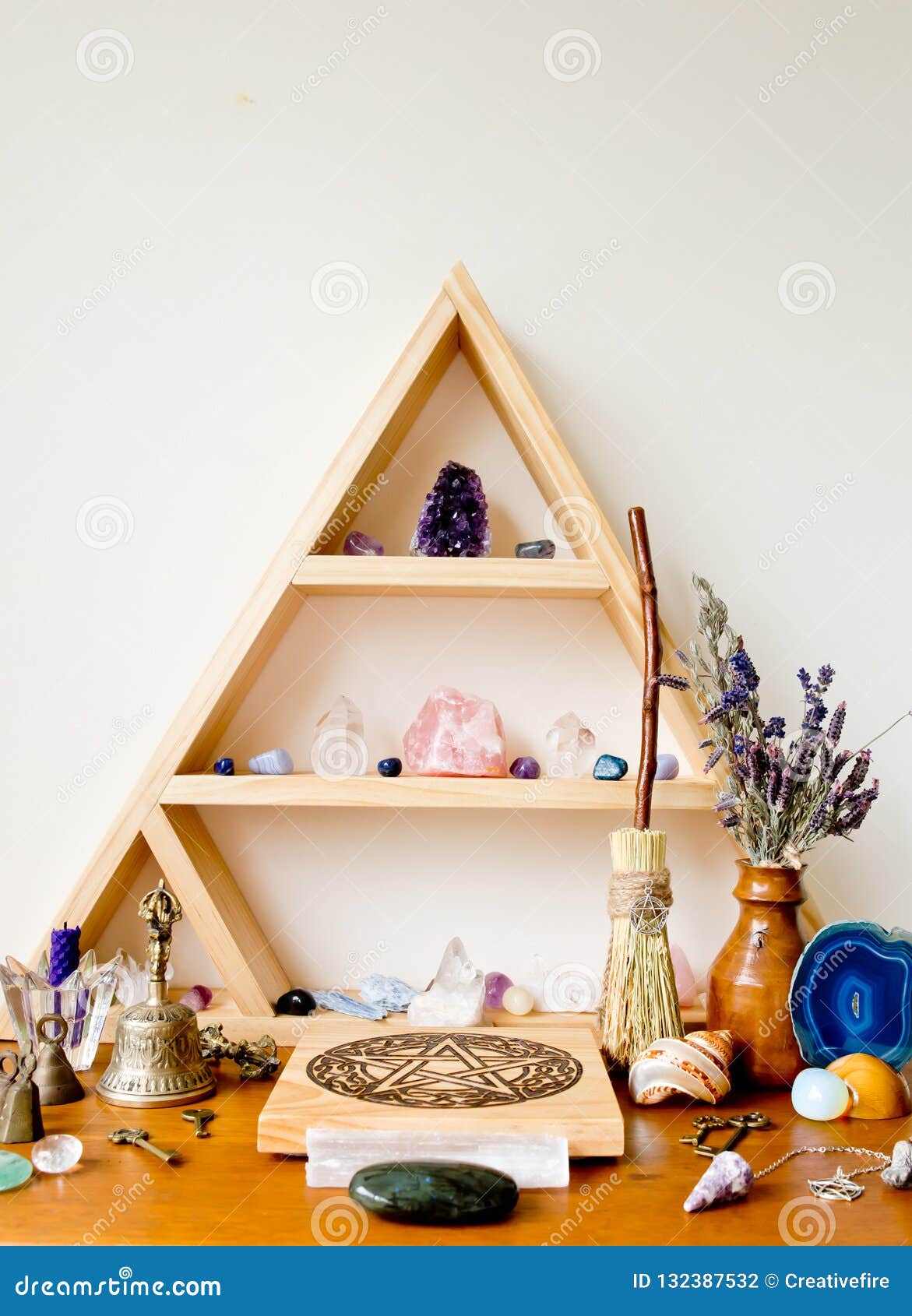 Pagan Altar with Crystals, Pentacle, Besom and Herbs Stock Photo ...