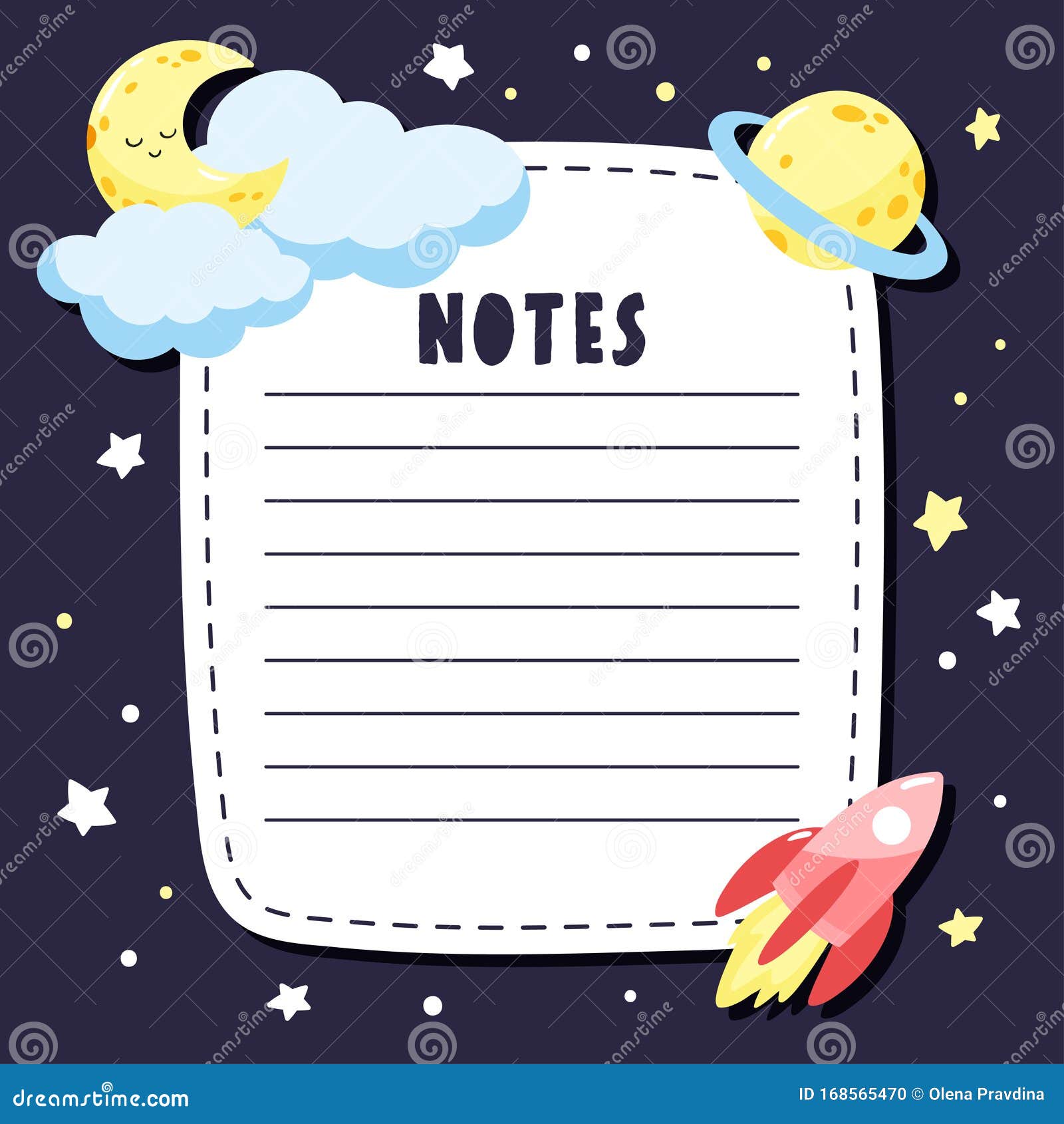 Page for Notes in Childish Style with Space Elements. Rocket, Moon ...