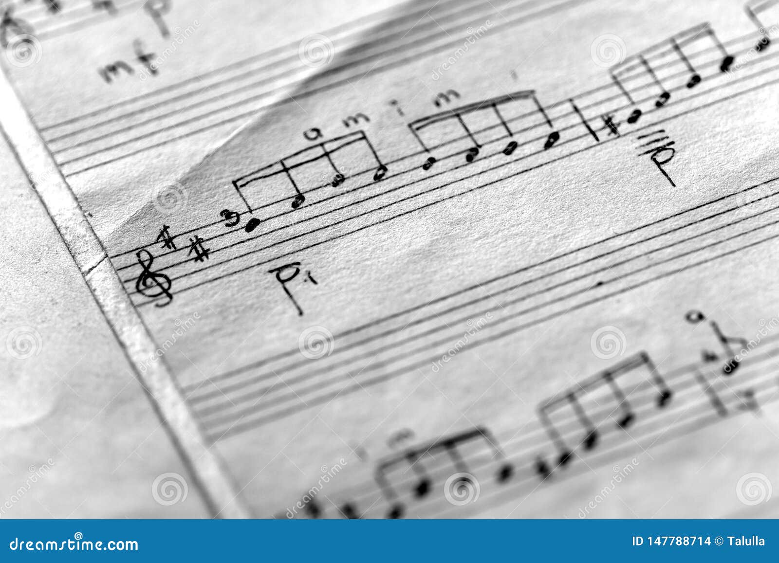 Page of an Old Musical Notebook with Hand Written Notes. Black and ...