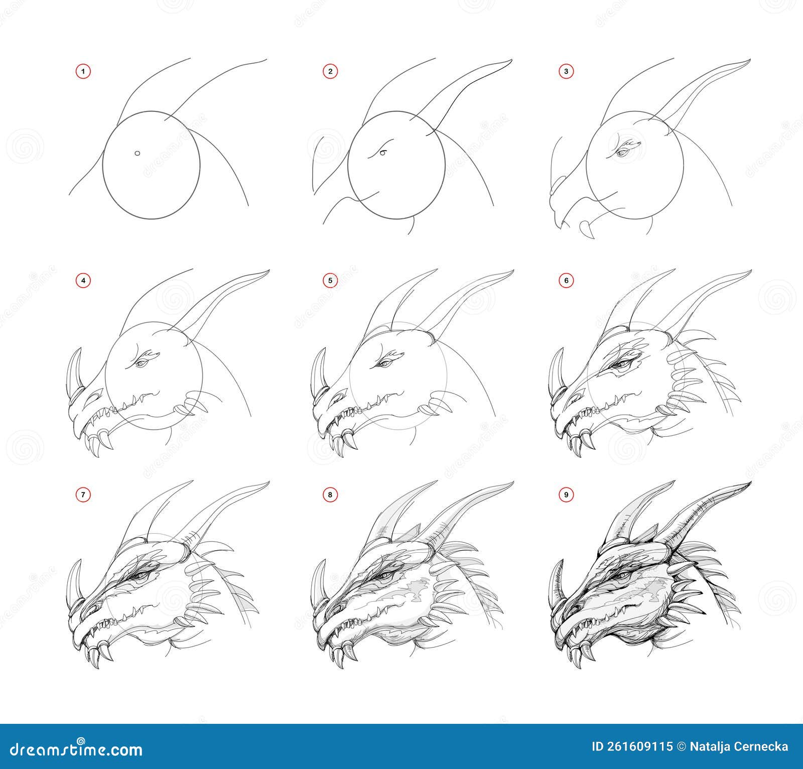 Page Shows How To Learn To Draw Sketch A Dragons Head. Creation Step By ...