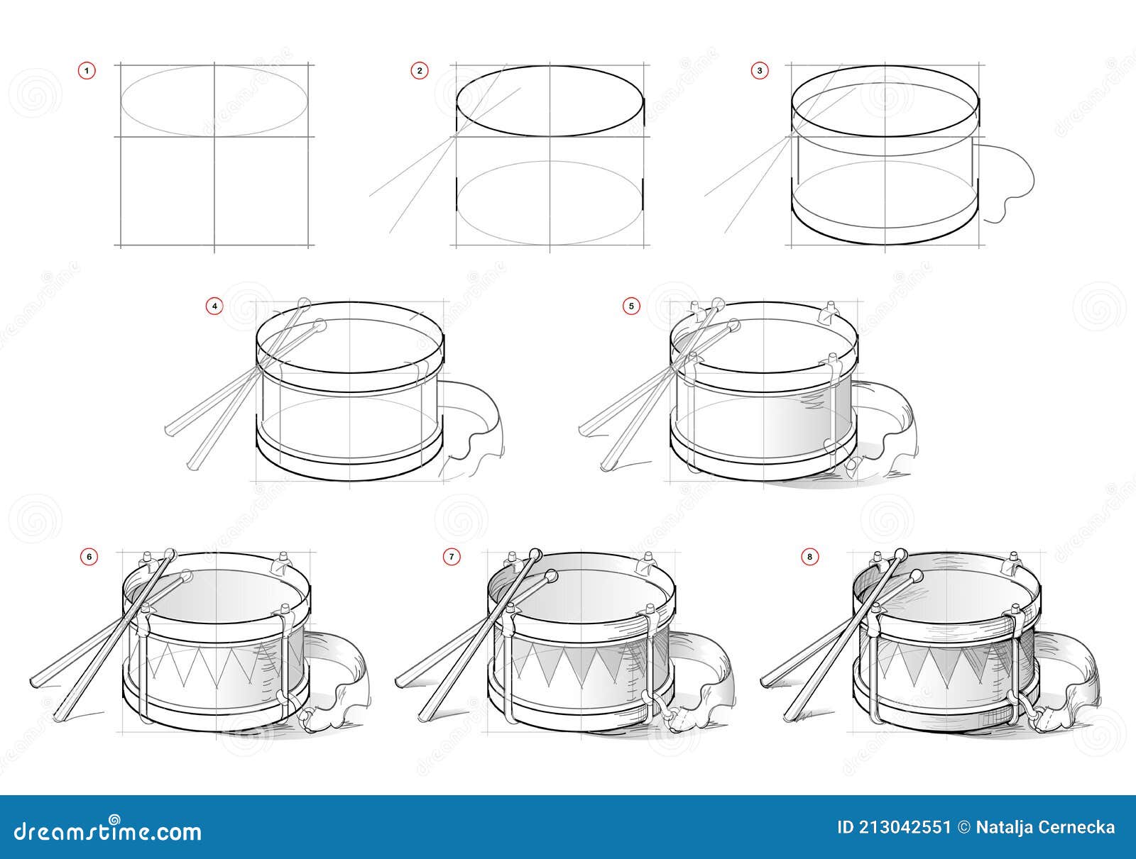 Page Shows How To Learn To Draw Sketch of Drum. Creation Step by Step ...