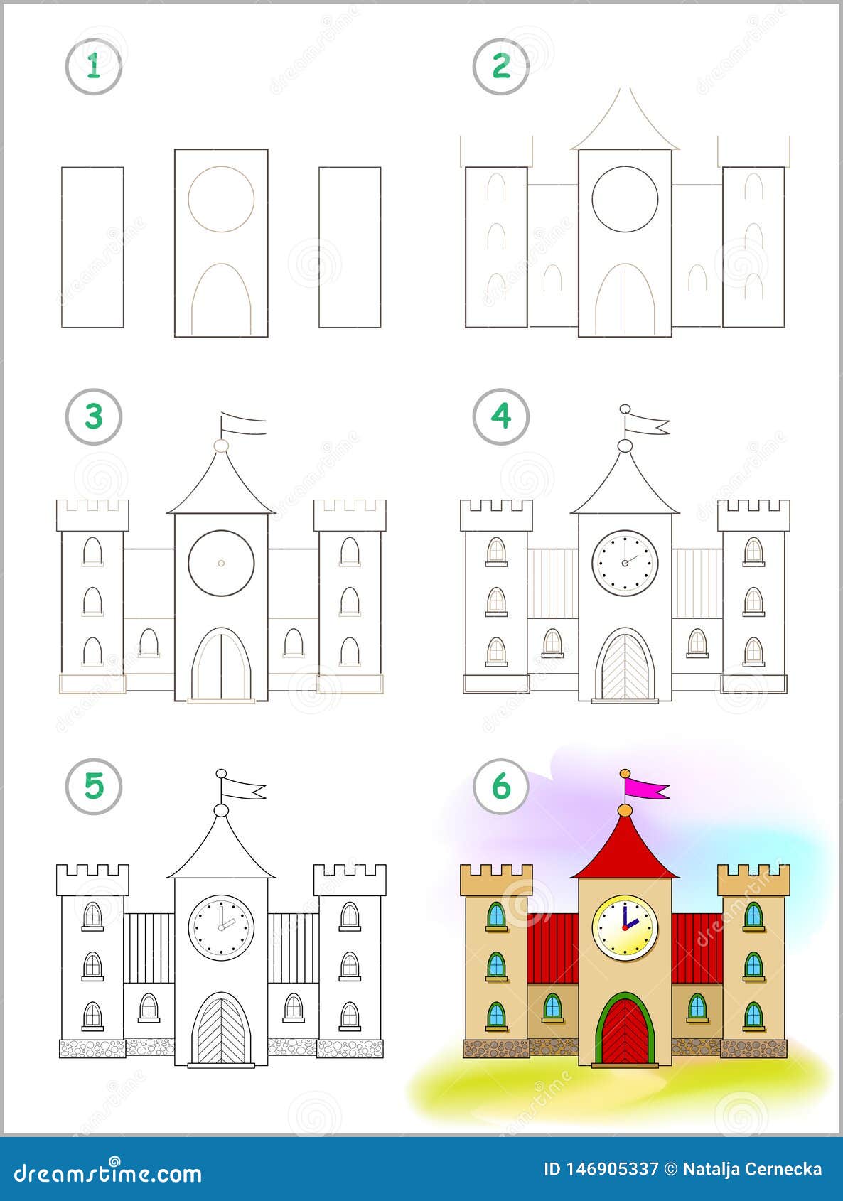 Page Shows How To Learn Step by Step To Draw Cute Medieval Castle ...