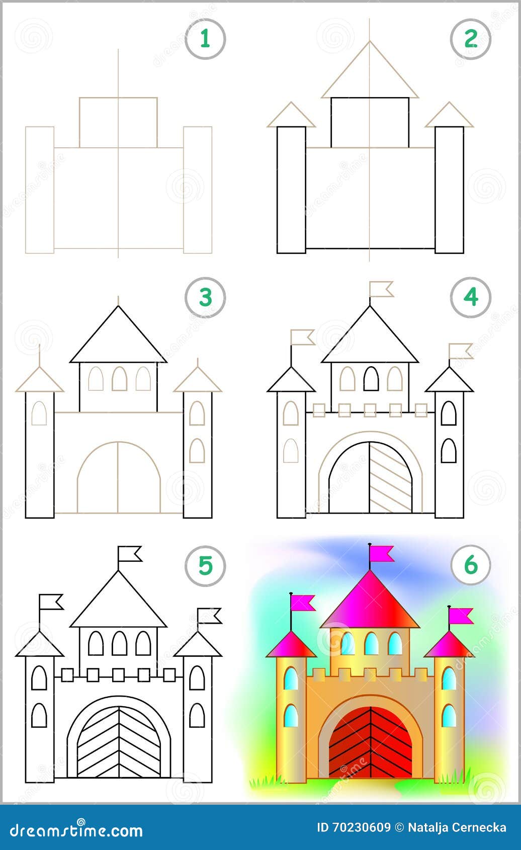 Page Shows How To Learn Step By Step To Draw A Caste. Cartoon Vector ...