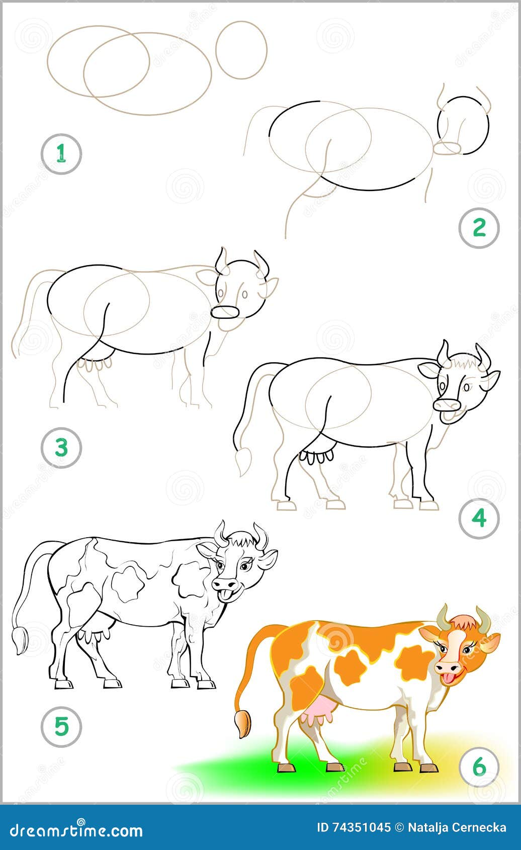 Page Shows How To Learn Step by Step To Draw a Cow. Stock Vector ...