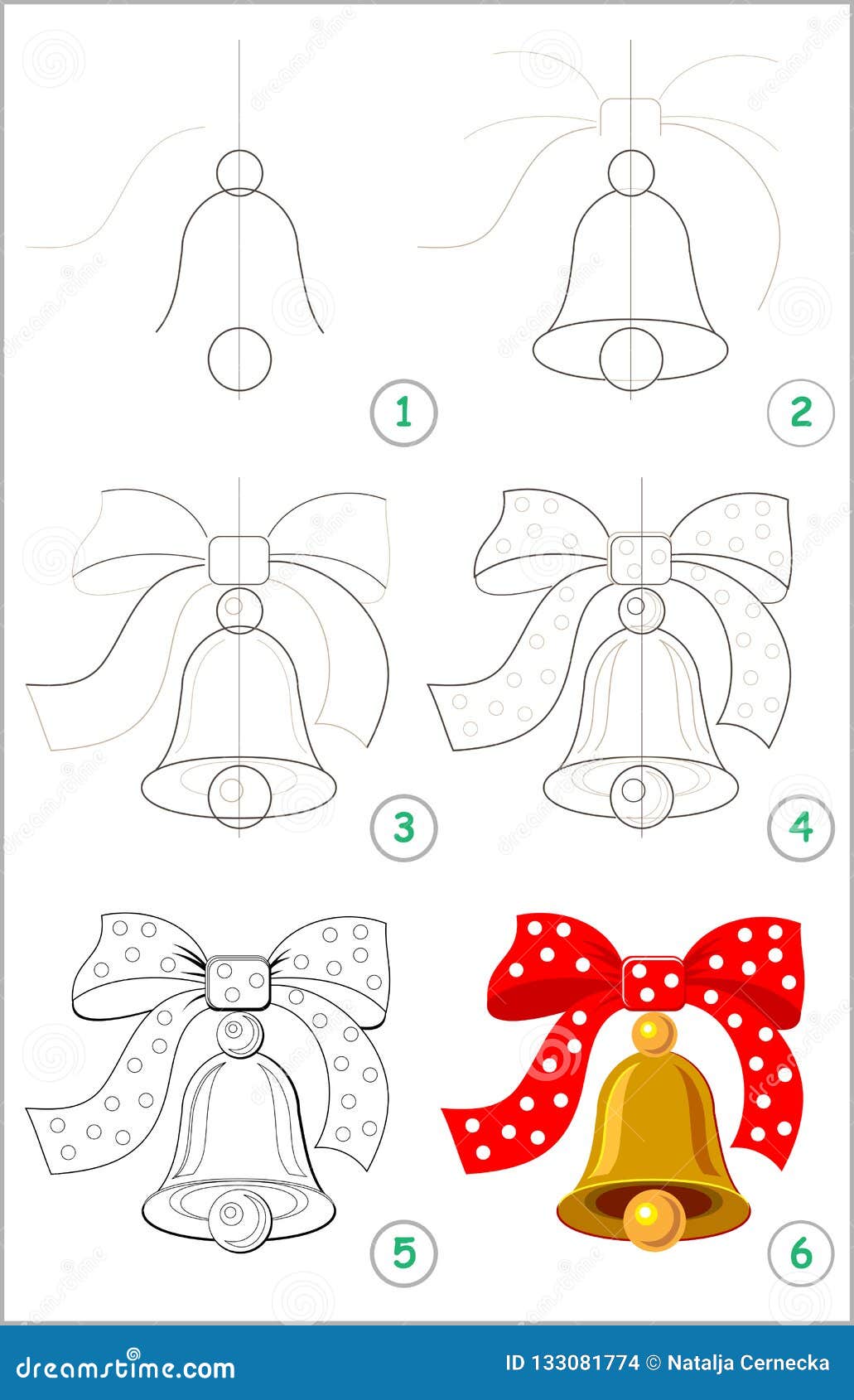 Page Shows How To Learn Step By Step To Draw A Cute Bell With A Bow ...