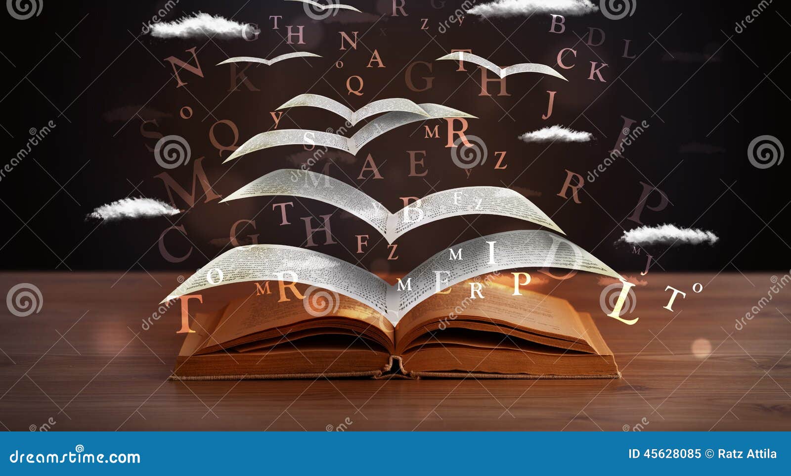 Pages and Glowing Letters Flying Out of a Book Stock Illustration ...