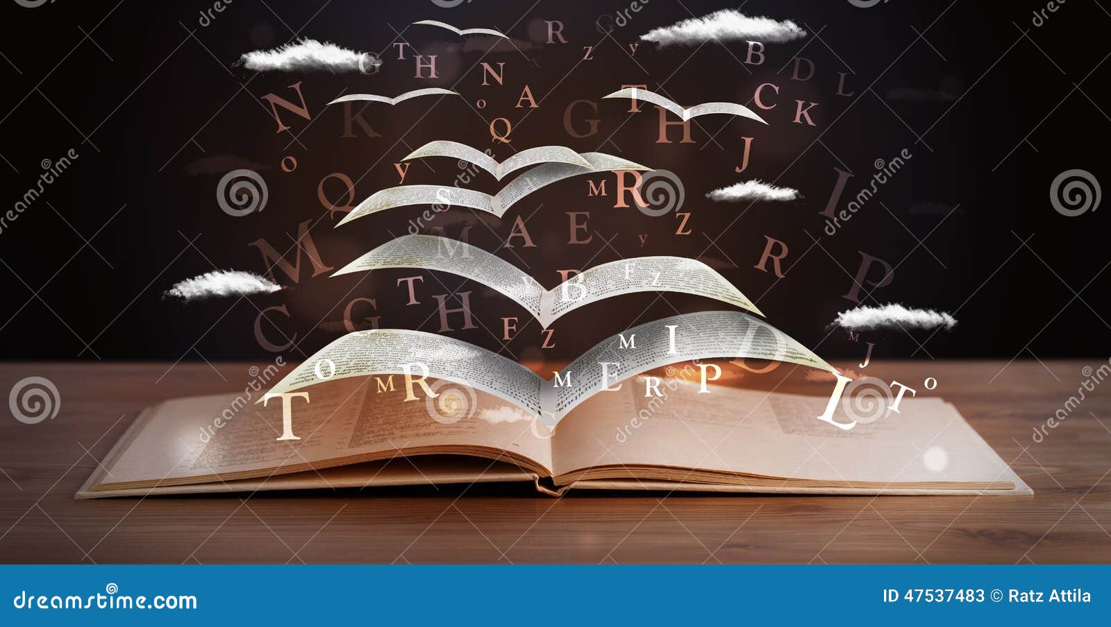 Pages and Glowing Letters Flying Out of a Book Stock Image - Image of ...