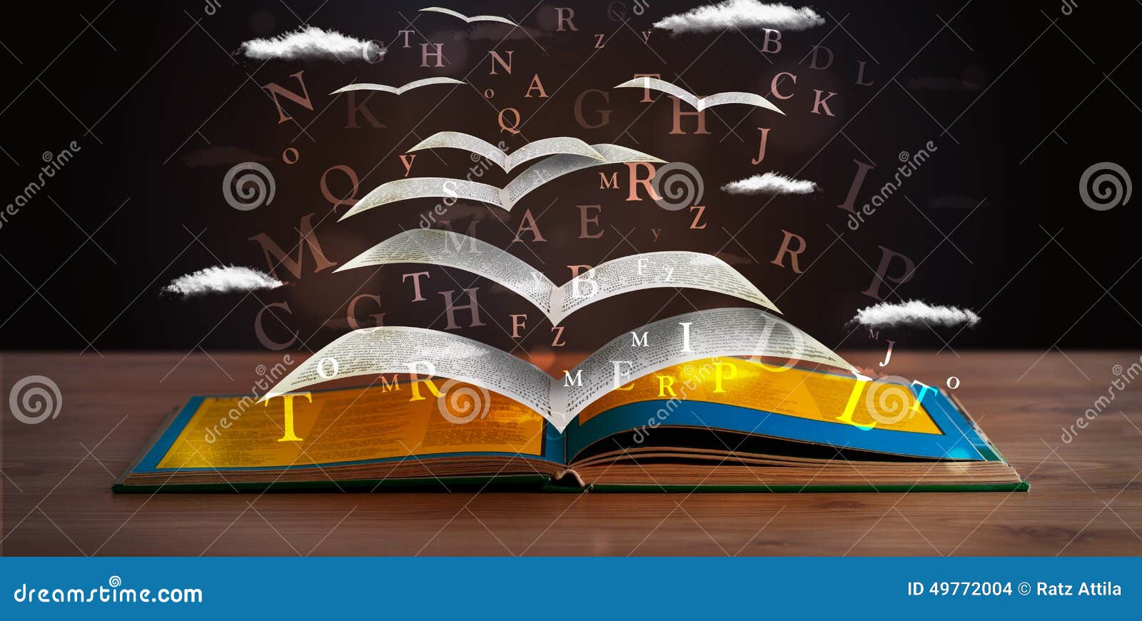 Pages and Glowing Letters Flying Out of a Book Stock Illustration ...