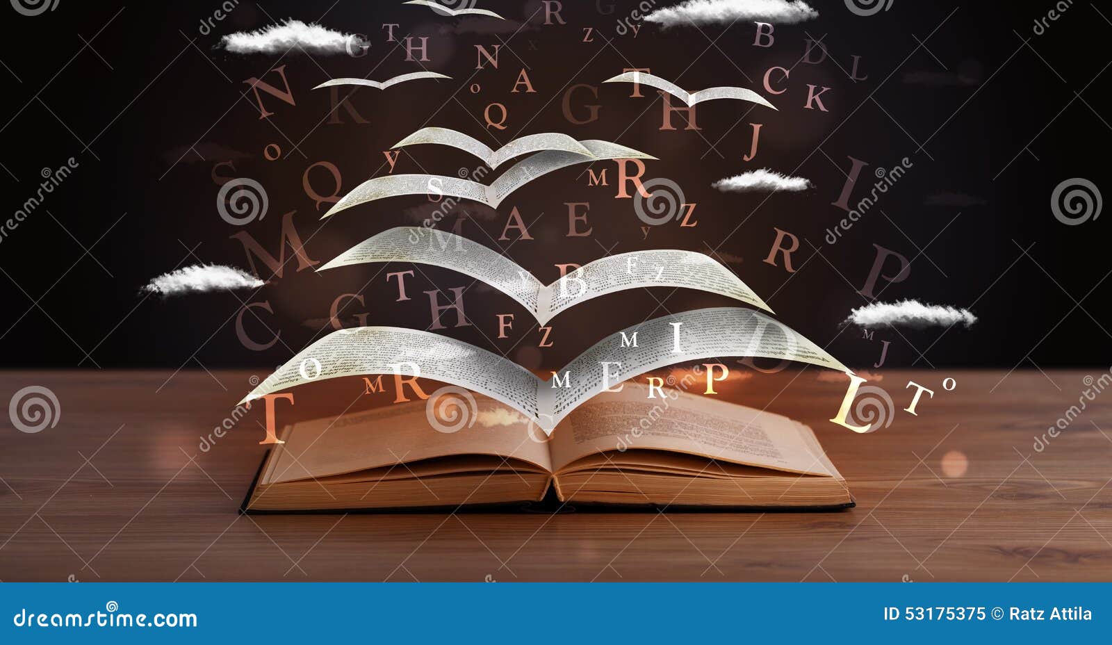 Pages and Glowing Letters Flying Out of a Book Stock Illustration ...