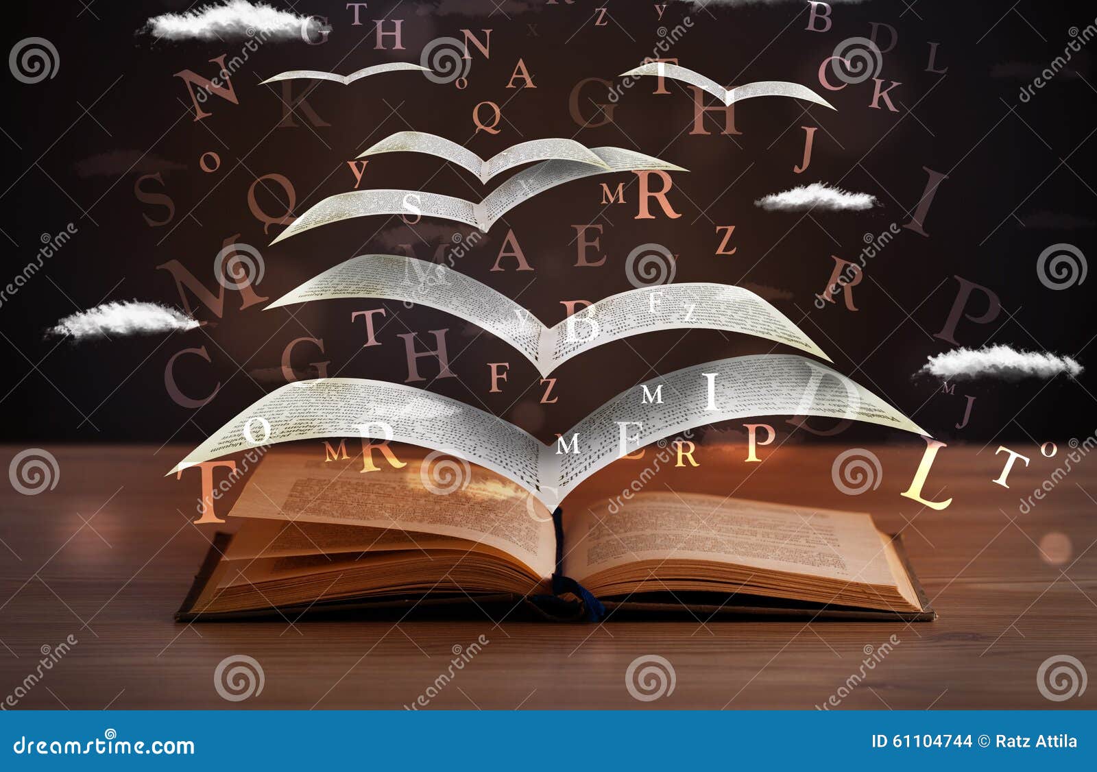 Pages and Glowing Letters Flying Out of a Book Stock Photo - Image of ...