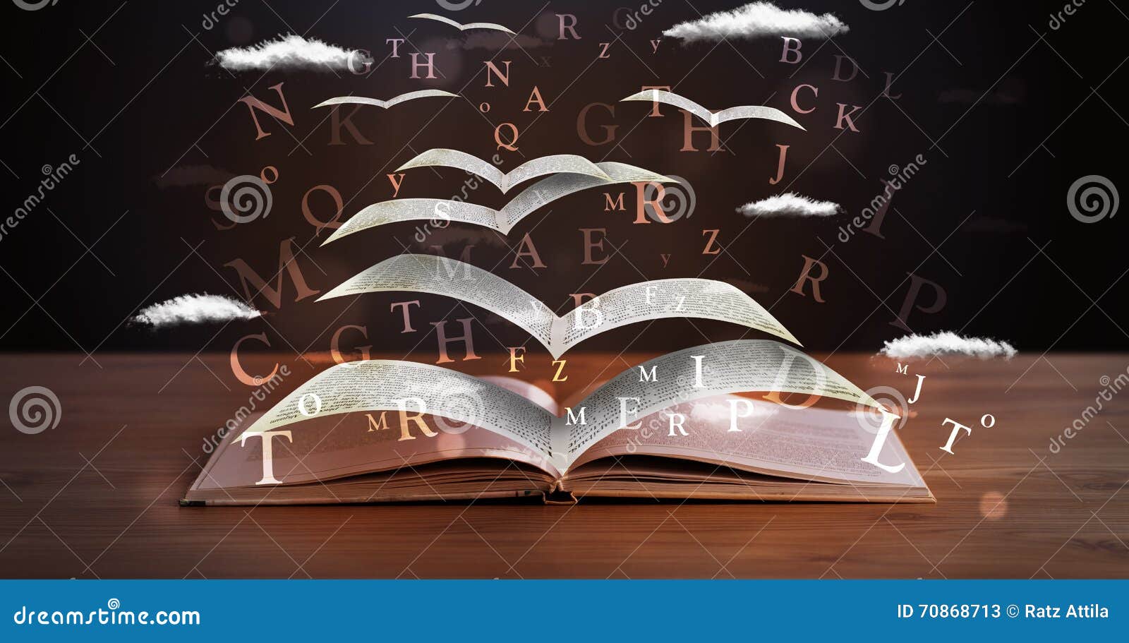 Pages and Glowing Letters Flying Out of a Book Stock Illustration ...