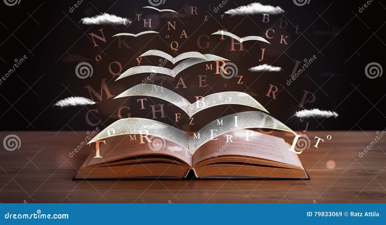 Pages and Glowing Letters Flying Out of a Book Stock Illustration ...