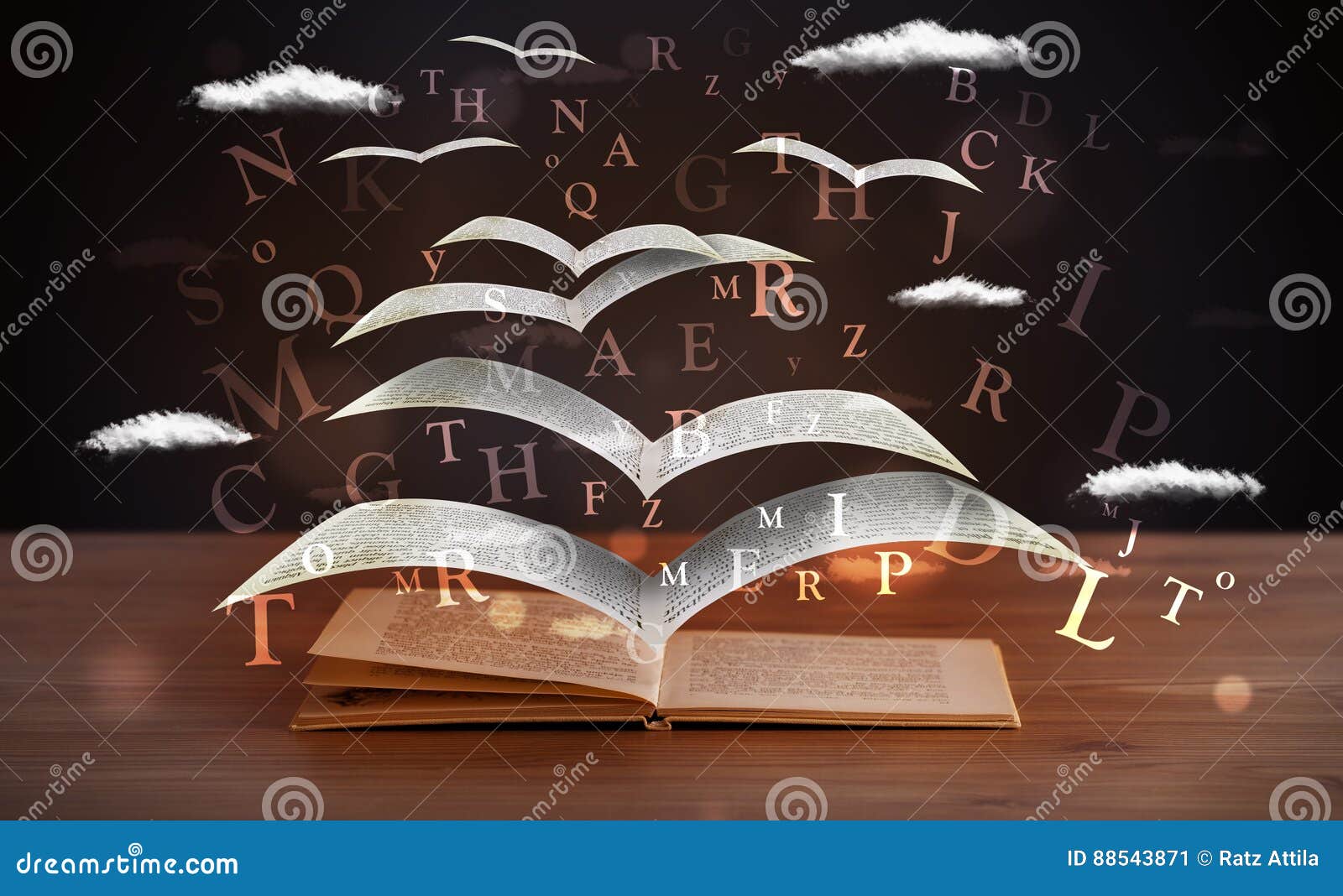 Pages and Glowing Letters Flying Out of a Book Stock Illustration ...