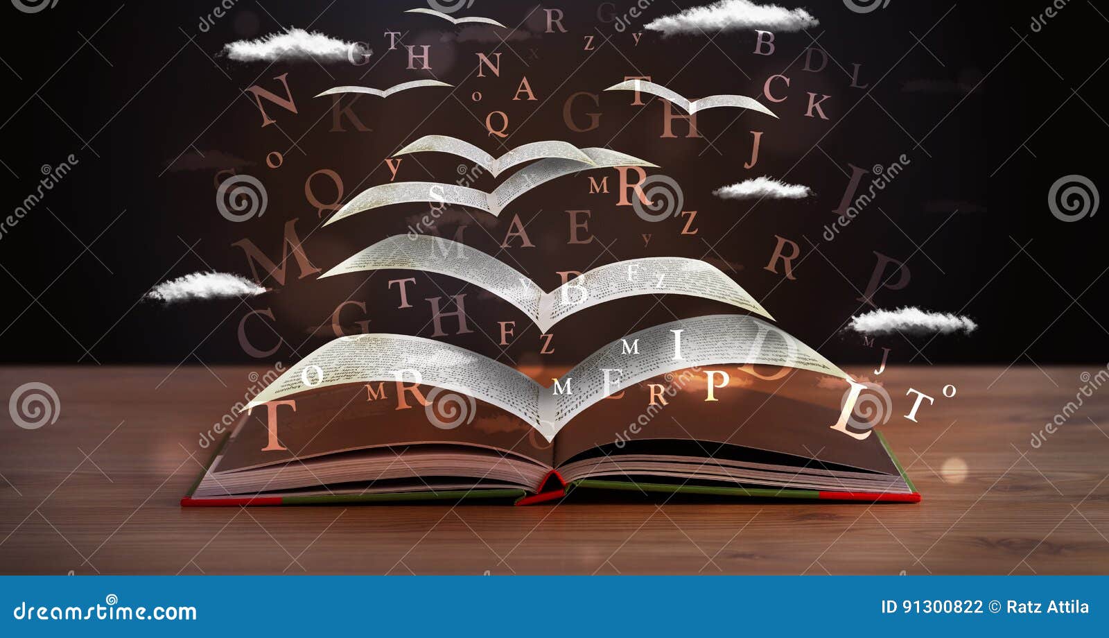 Pages and Glowing Letters Flying Out of a Book Stock Illustration ...