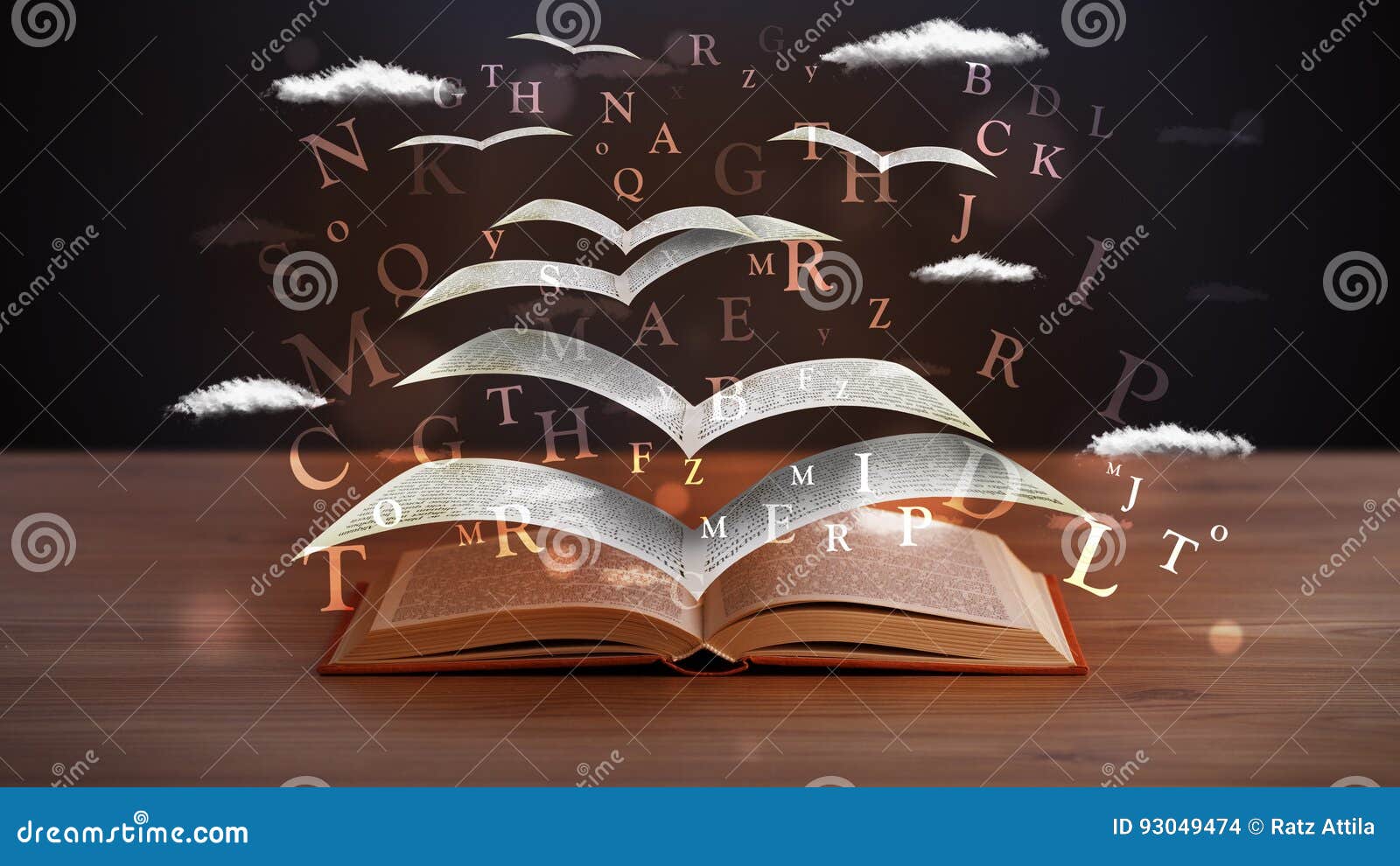 Pages and Glowing Letters Flying Out of a Book Stock Illustration ...