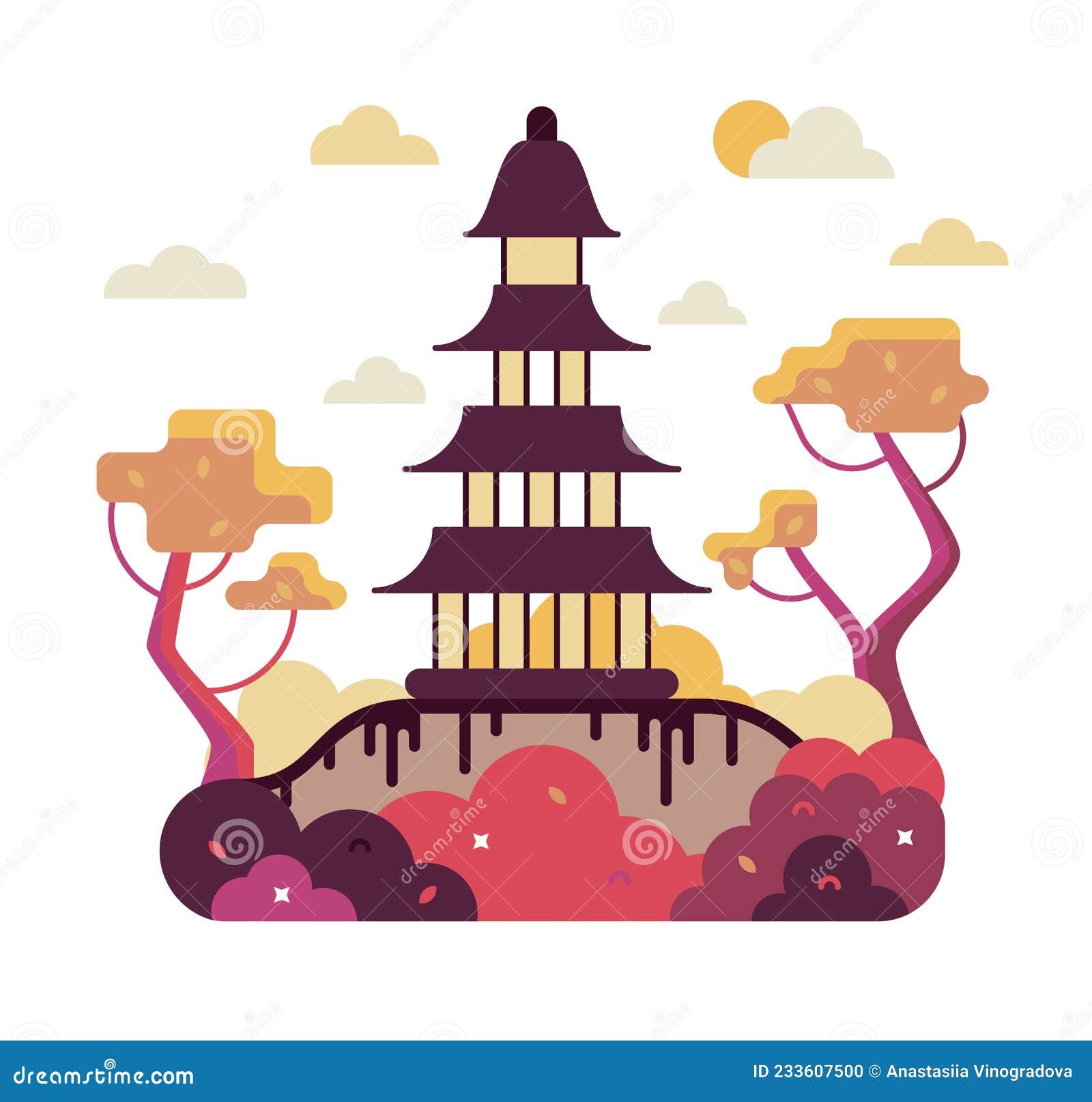 Pagoda on a Hill among the Trees - Vector Cartoon Illustration in Flat ...