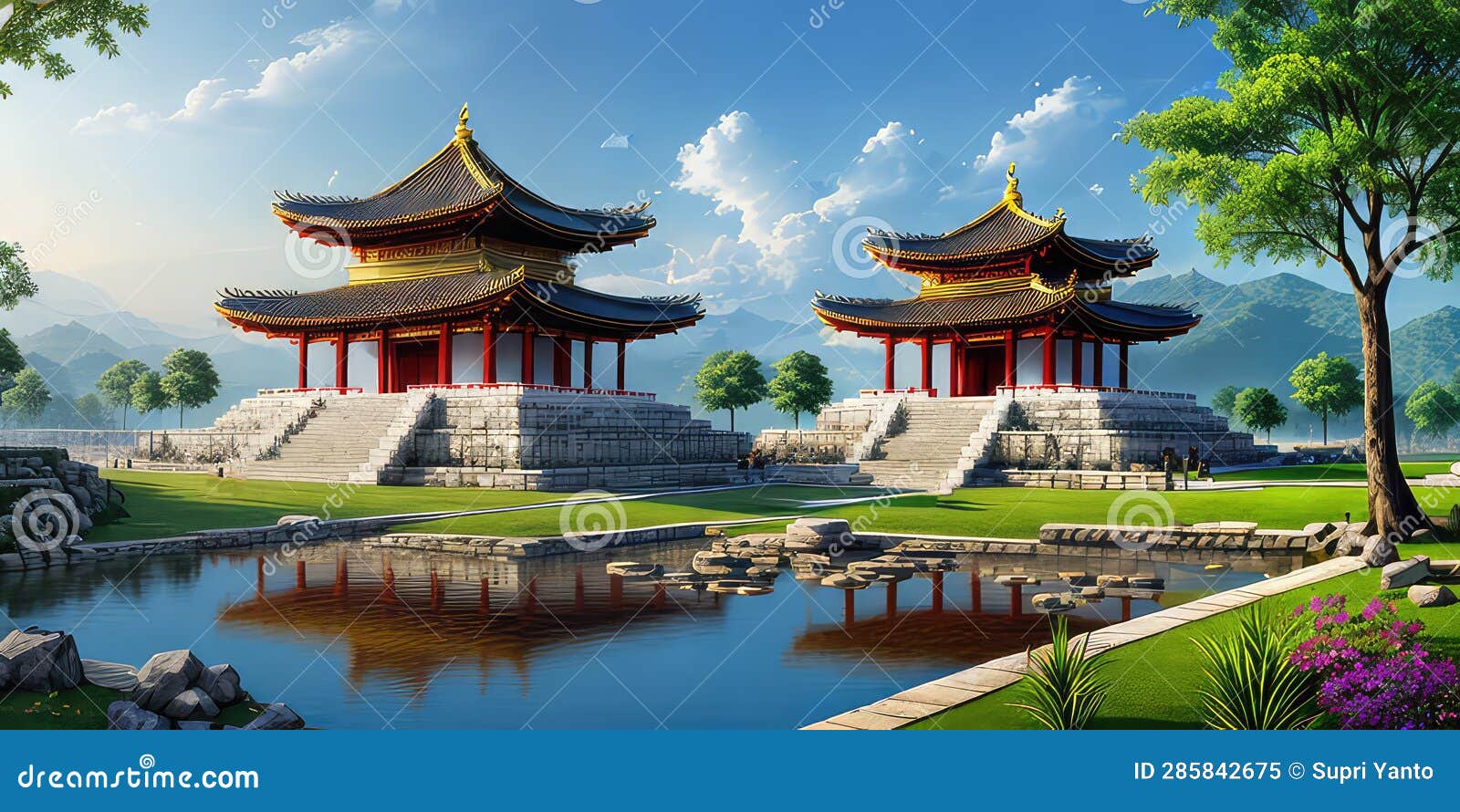 Pagoda Temple Landscape Spring Summer Nature View Stock Illustration ...