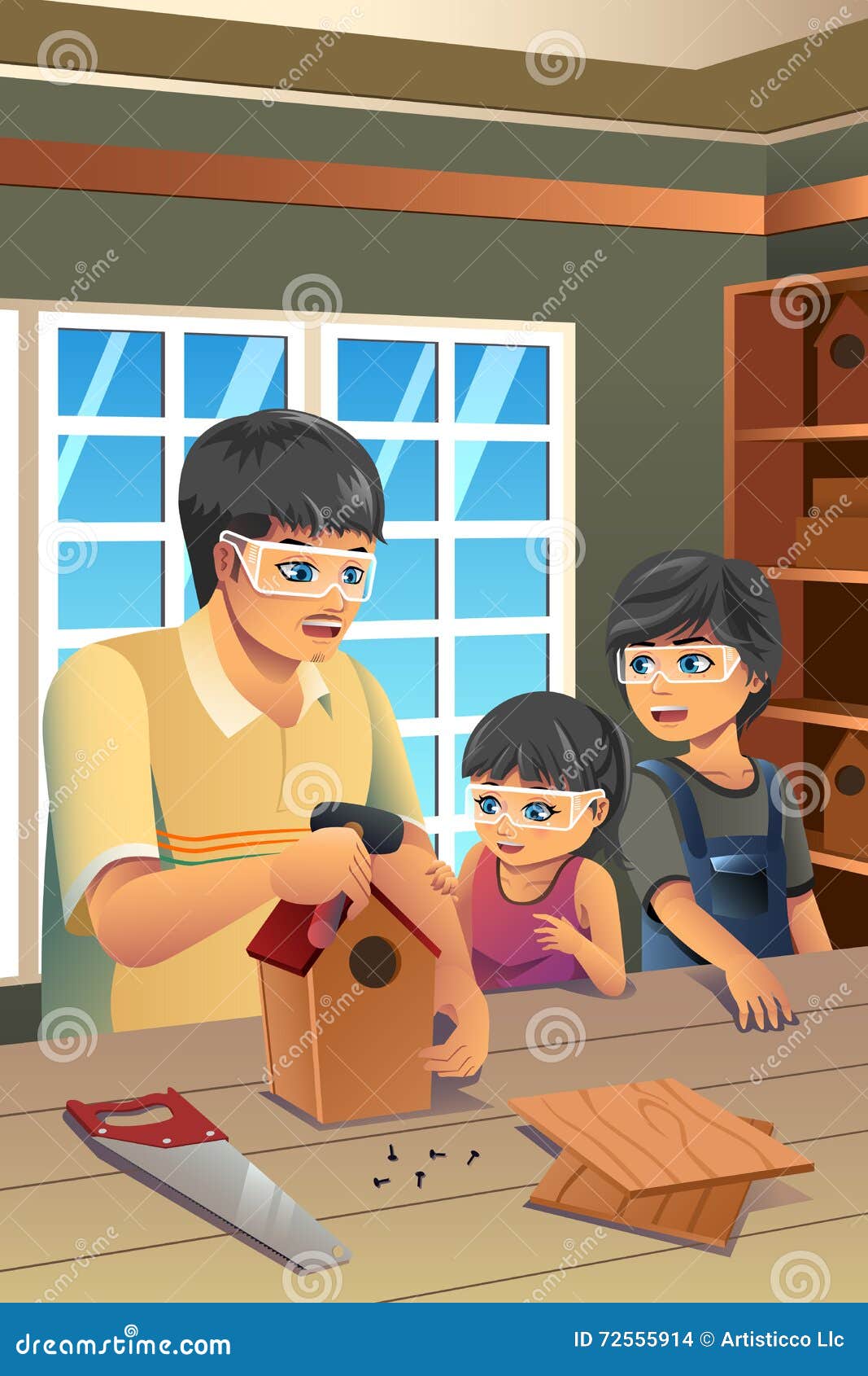 Pai Kids Making Birdhouse ilustração do vetor. Ilustração de lifestyle ...