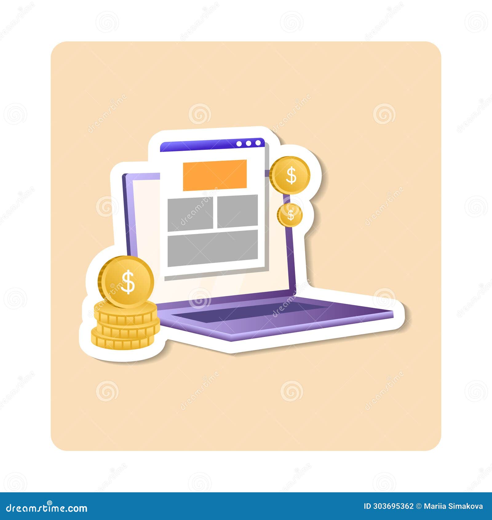 Paid Articles Sticker Illustration. Laptop, Coin, Page, Screen ...