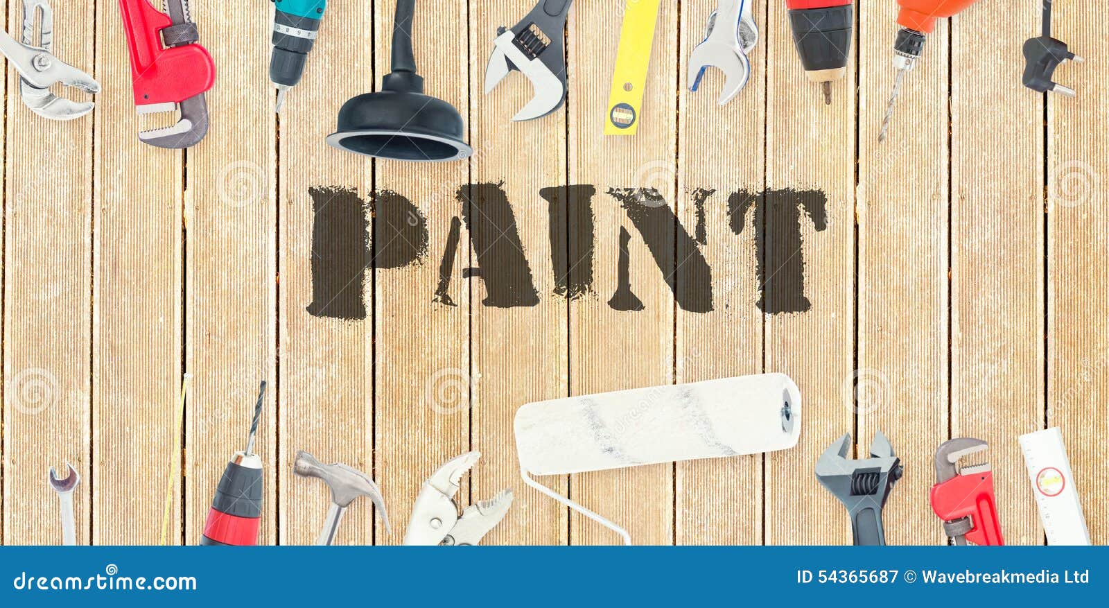 Paint Against Diy Tools on Wooden Background Stock Illustration ...