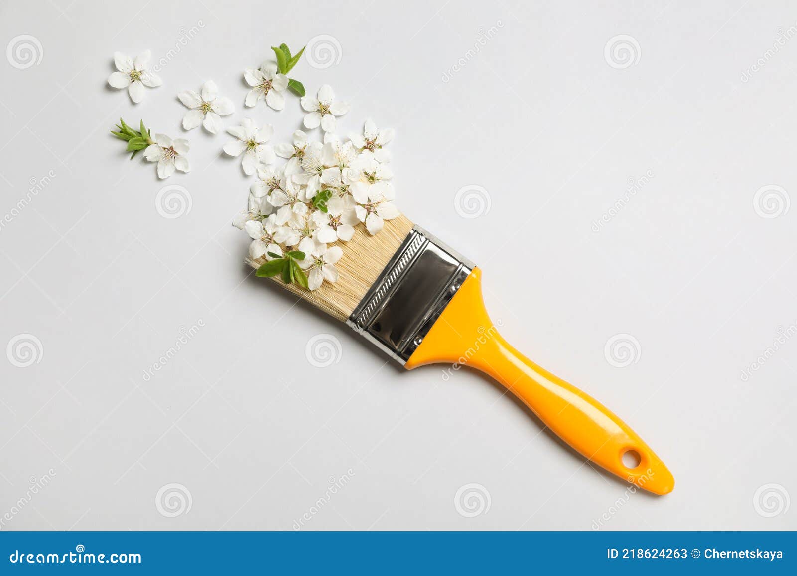 Paint Brush and Beautiful Flowers on White Background, Flat Lay Stock ...