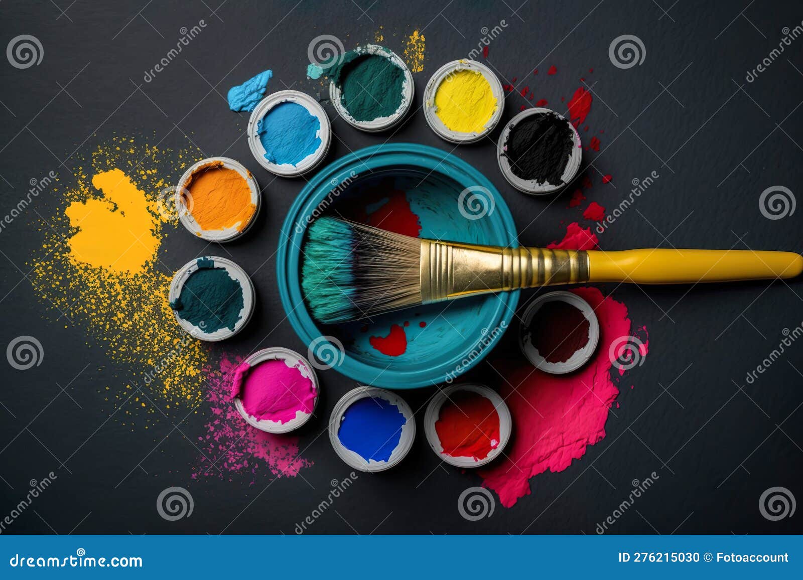Paint Brush with Different Paint Pots DIY Overhead View - Generative AI ...