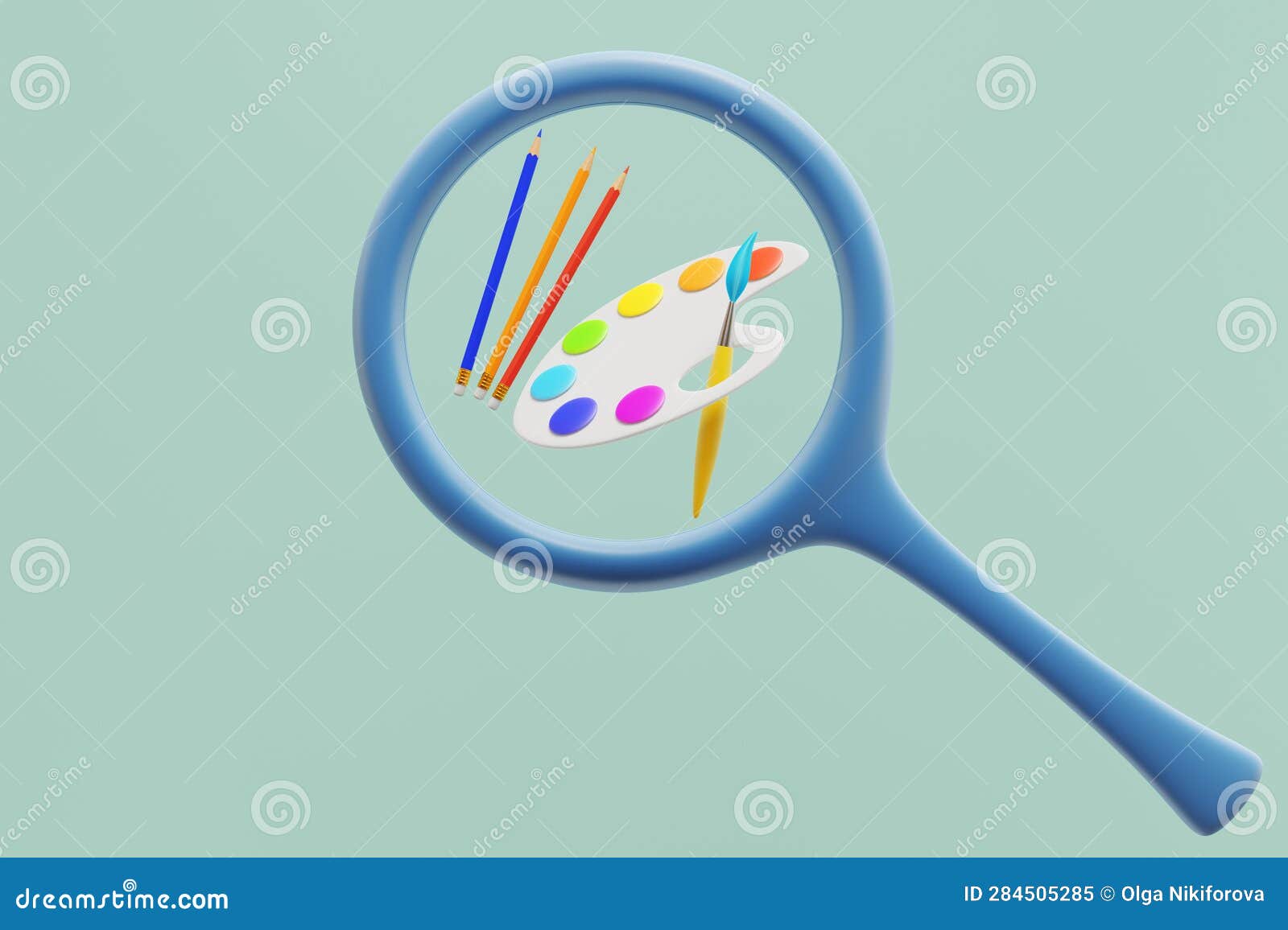 Paint Brush Palette Pencils in a Magnifying Glass Stock Illustration ...