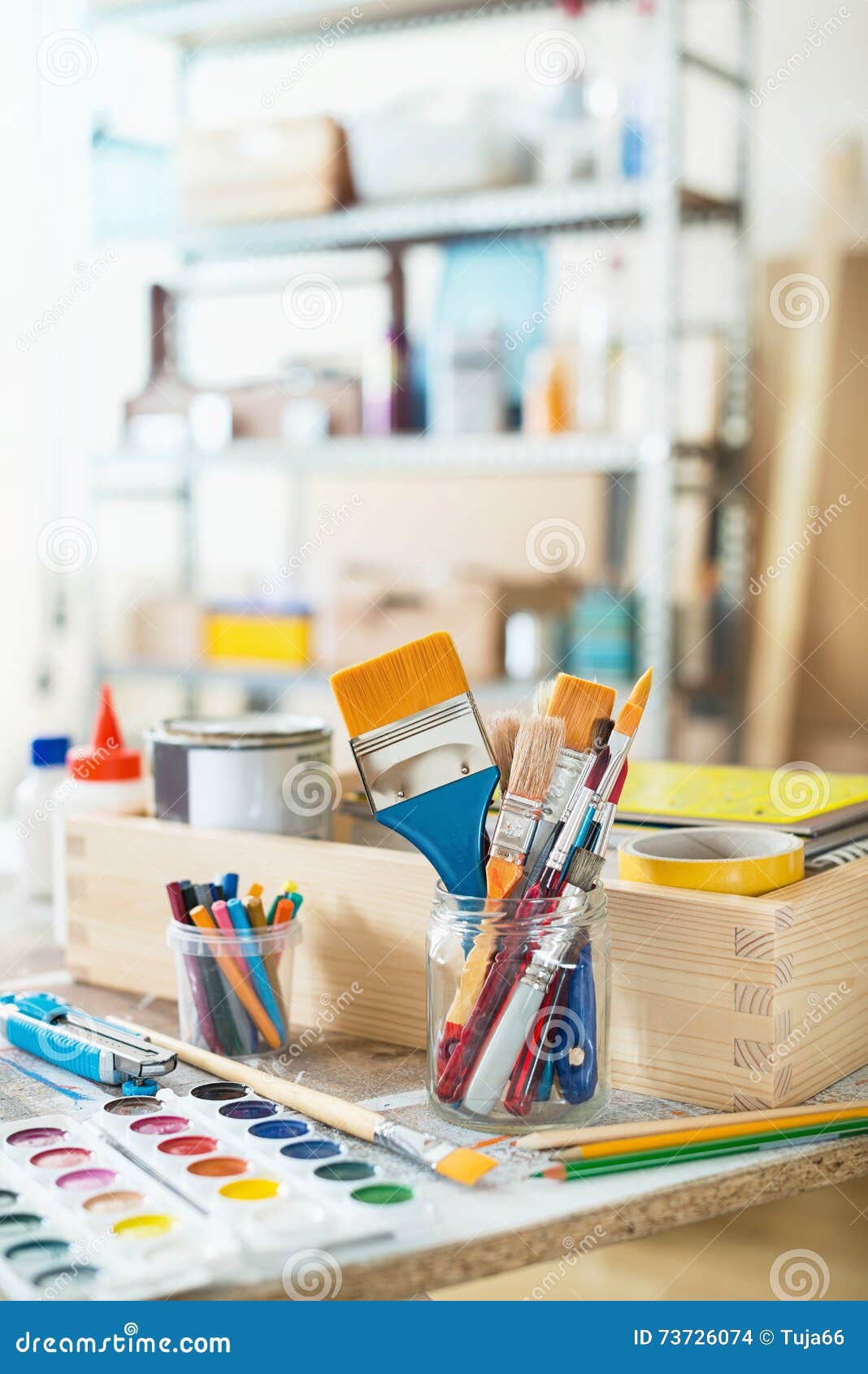 Paint Brushes and Crafting Supplies Stock Photo - Image of shelf ...