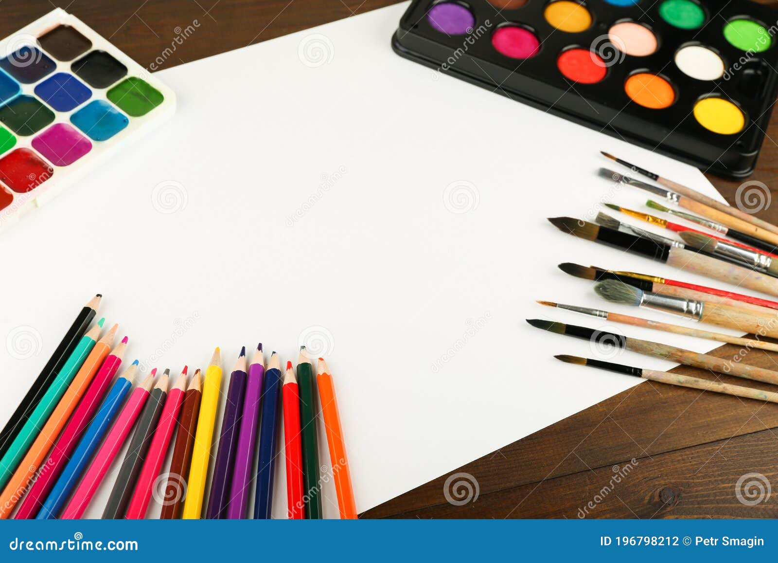 Paint Brushes, Paints and Paper are on the Table Stock Photo - Image of ...