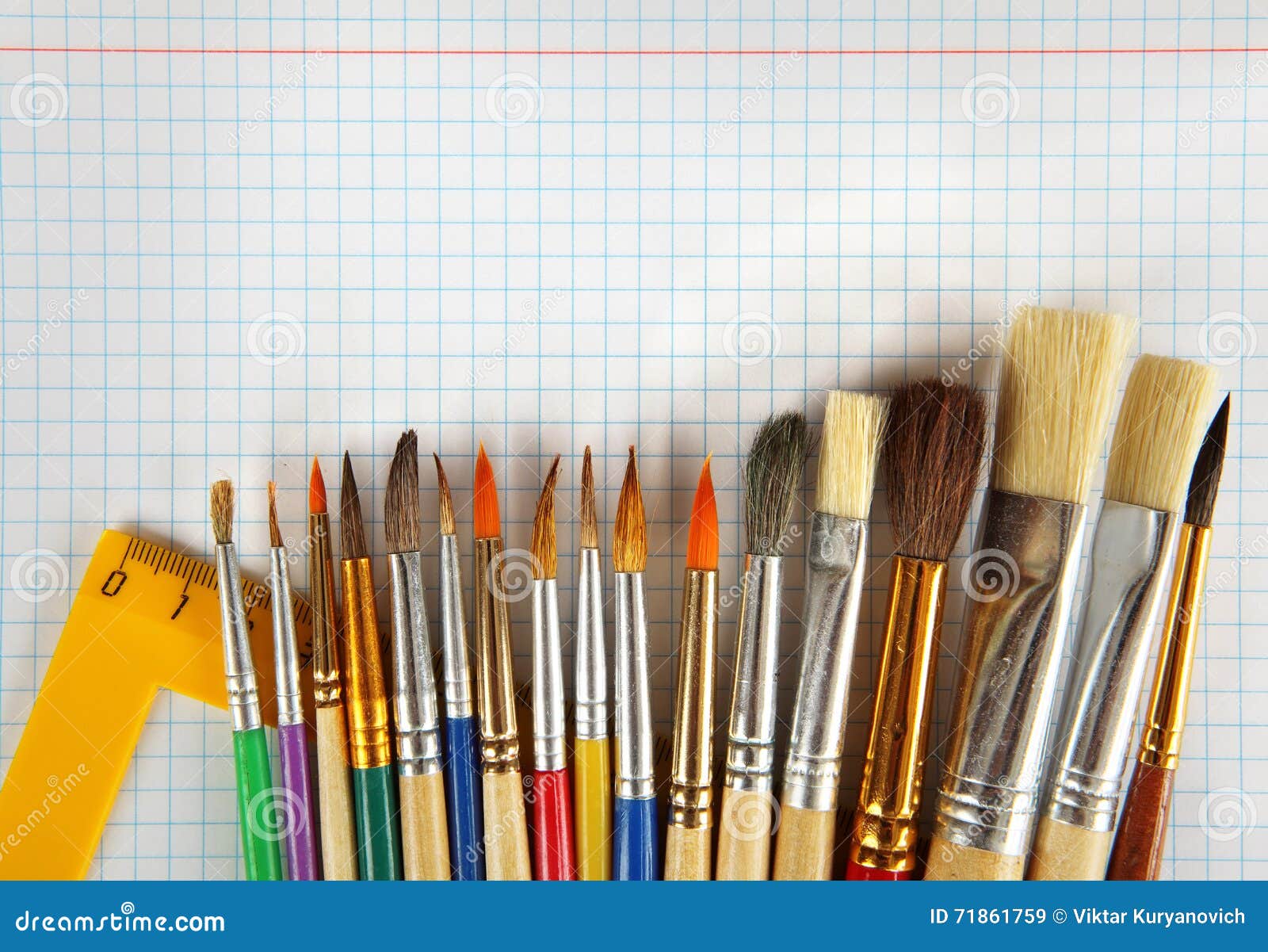 Paint Brushes and Ruler on Checkered Paper Background Stock Image ...