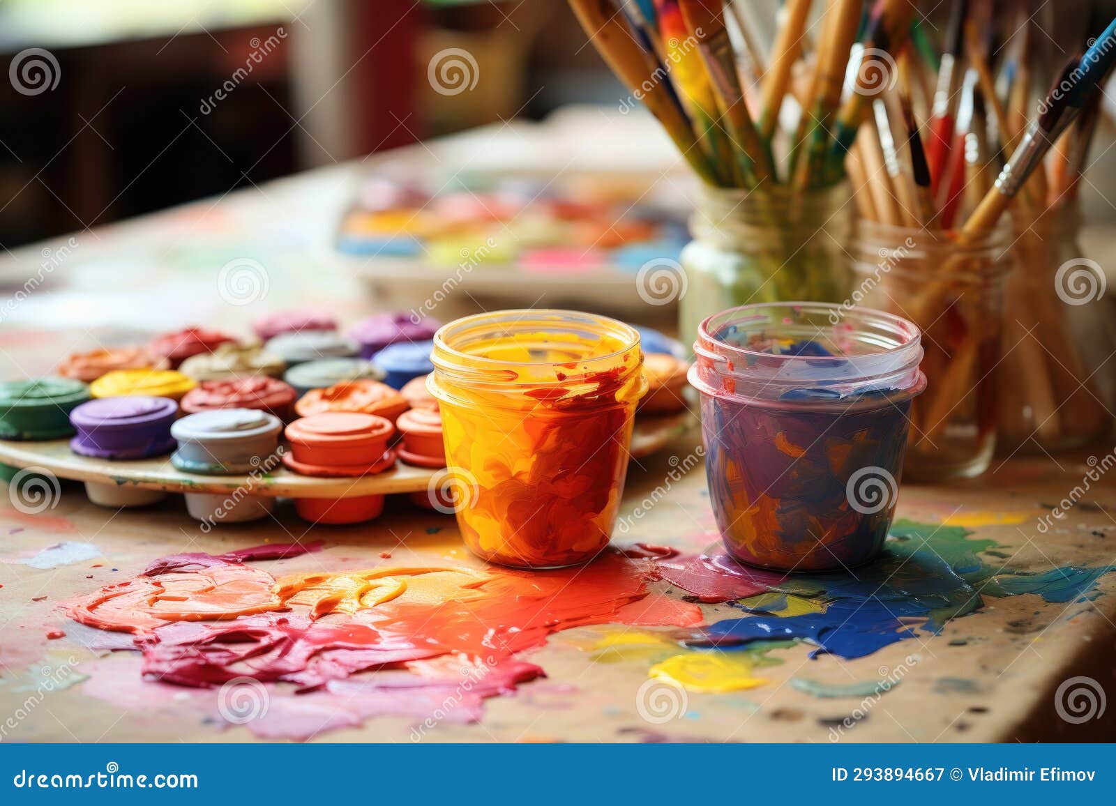 Paint and Brushes Table Setup Stock Image - Image of painting, white ...