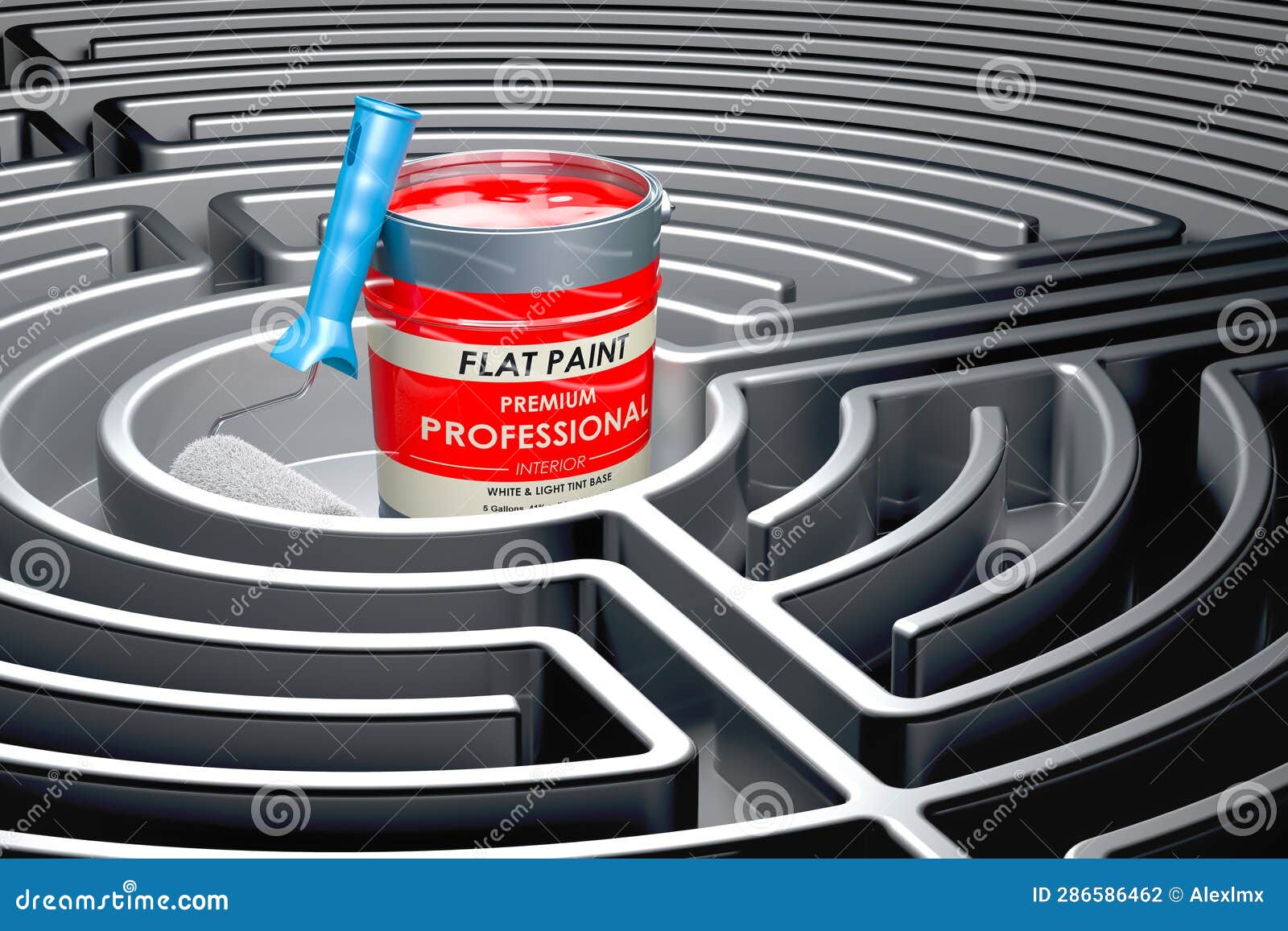 Paint Can and Roller Brush Inside Labyrinth Maze. 3D Rendering Stock ...