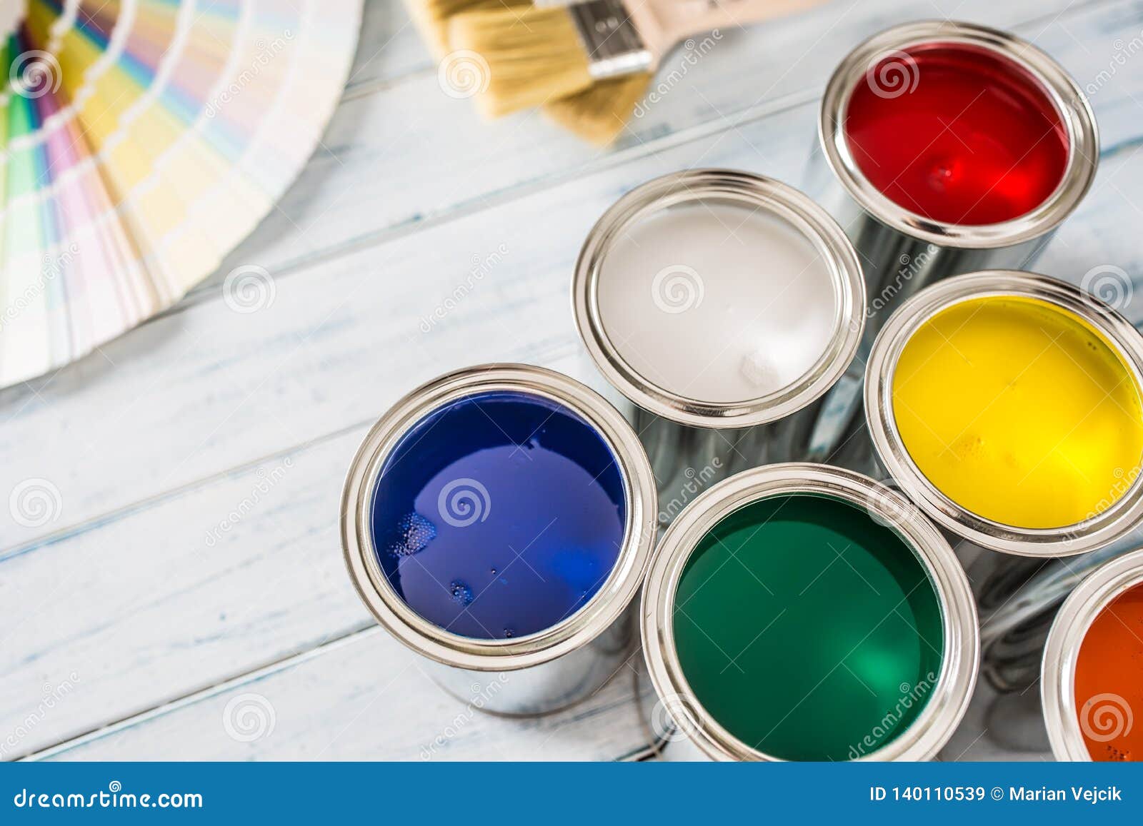 Paint Cans Brushes And Color Palette On Table Royalty-Free Stock Photo ...