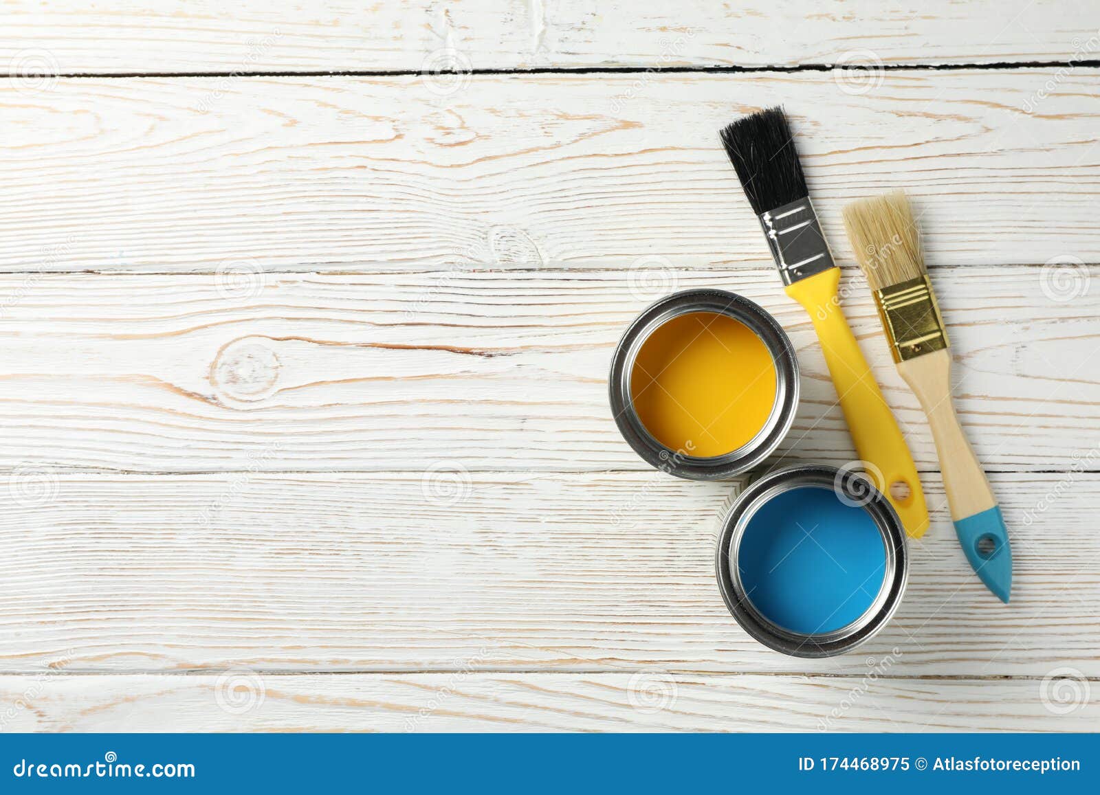Paint Cans and Brushes on Background, Top View Stock Image - Image of ...
