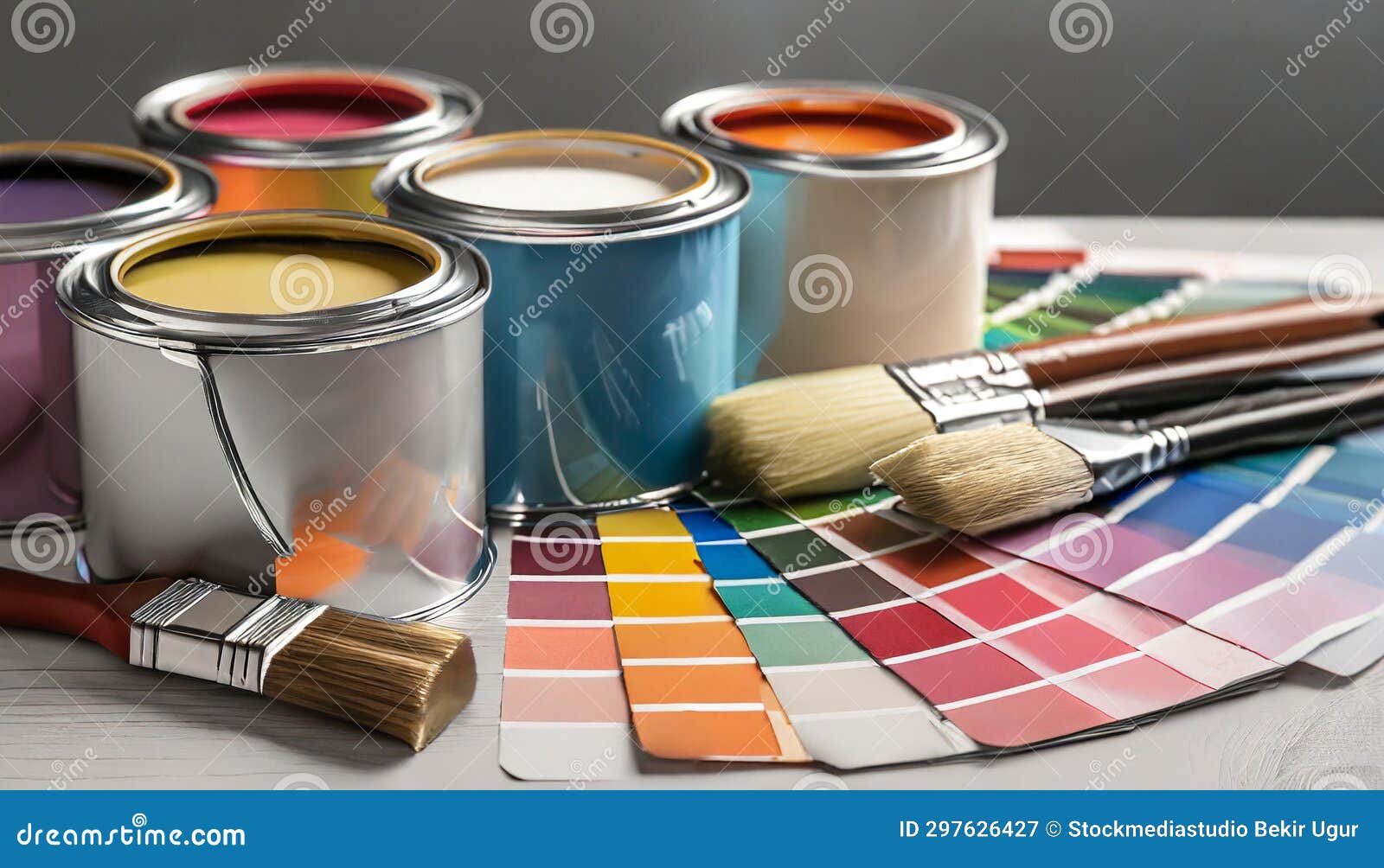 Paint Cans, Color Palette Samples and Brushes on Table Stock ...