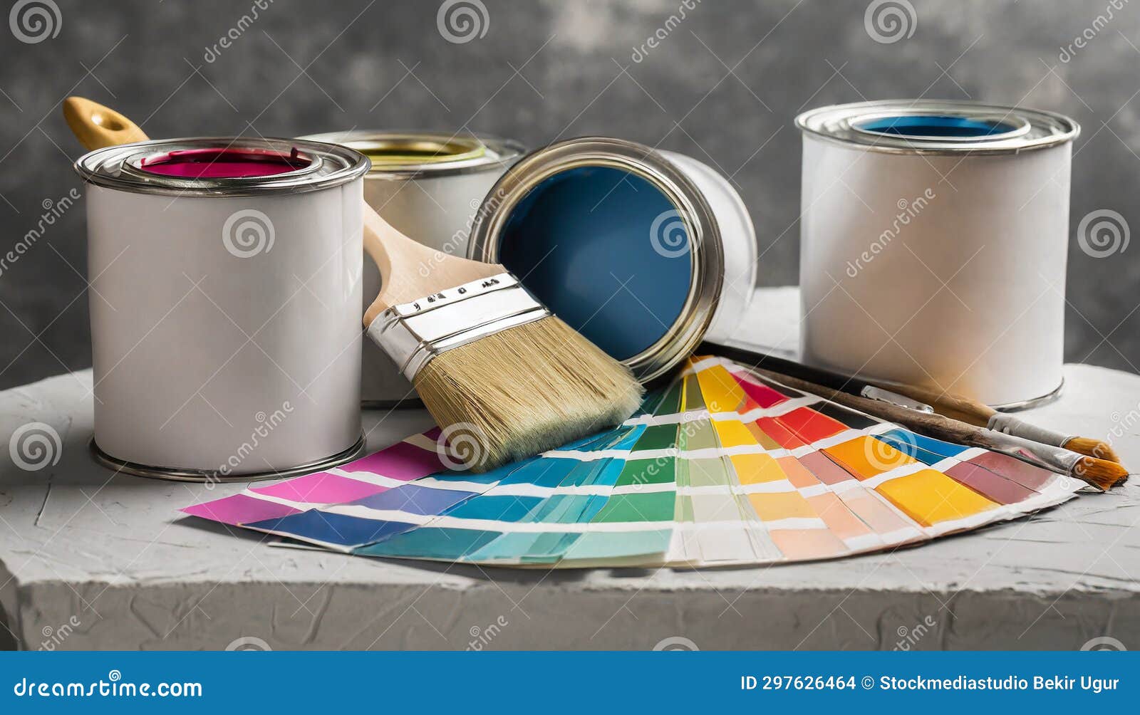 Paint Cans, Color Palette Samples and Brushes on Table Stock ...