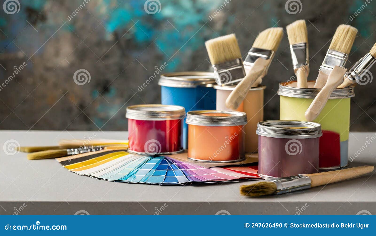 Paint Cans, Color Palette Samples And Brushes On Table Stock Photo ...