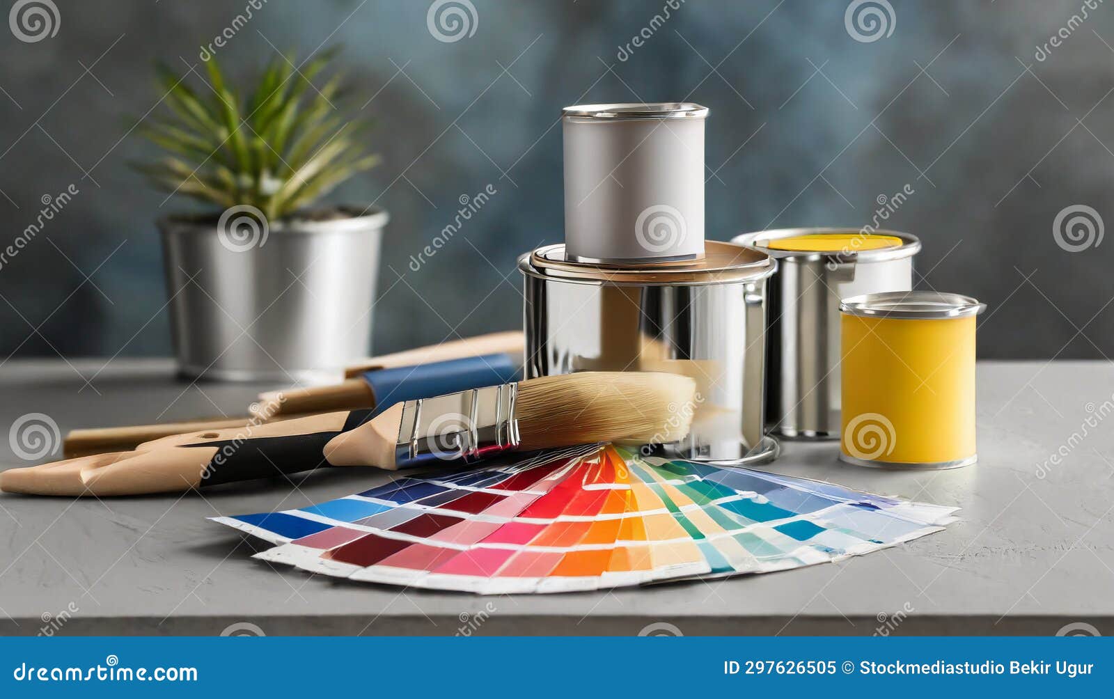 Paint Cans, Color Palette Samples and Brushes on Table Stock ...