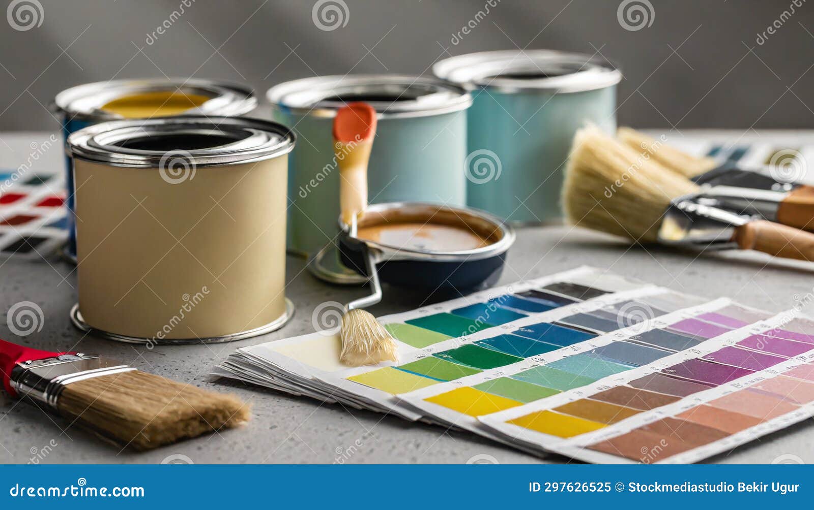 Paint Cans, Color Palette Samples and Brushes on Table Stock ...