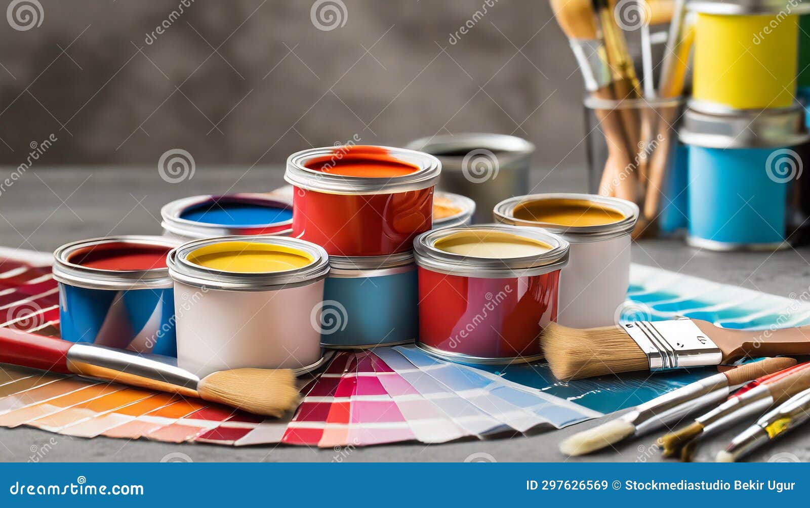Paint Cans, Color Palette Samples and Brushes on Table Stock ...