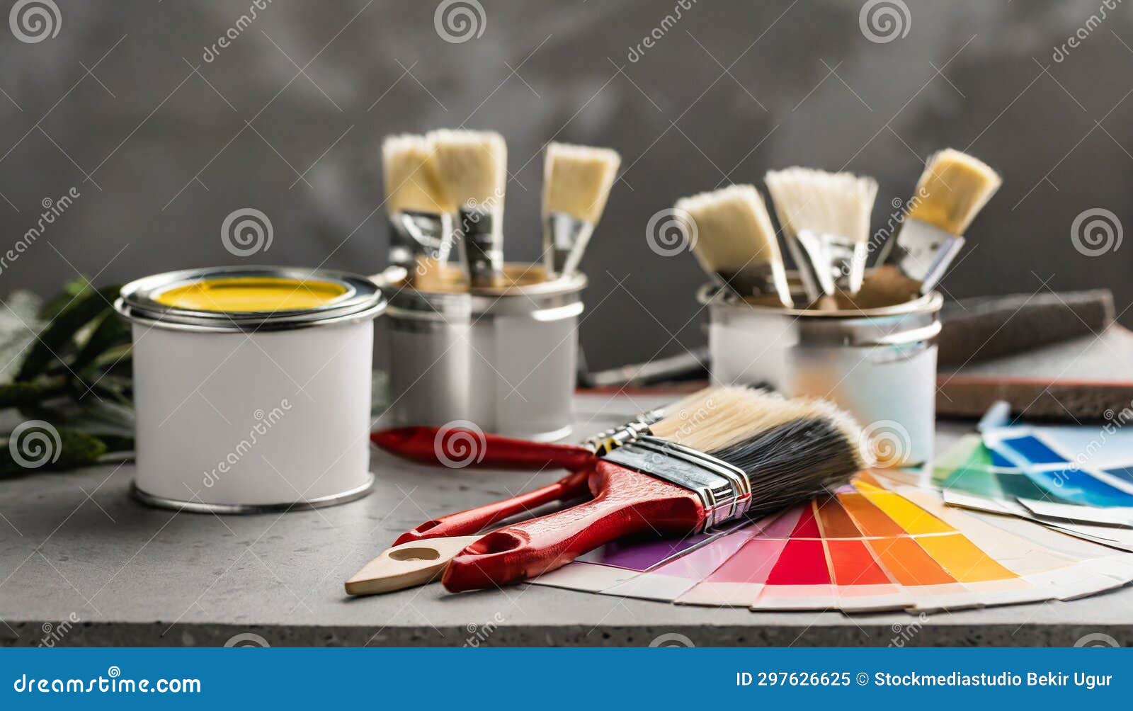 Paint Cans, Color Palette Samples and Brushes on Table Stock ...