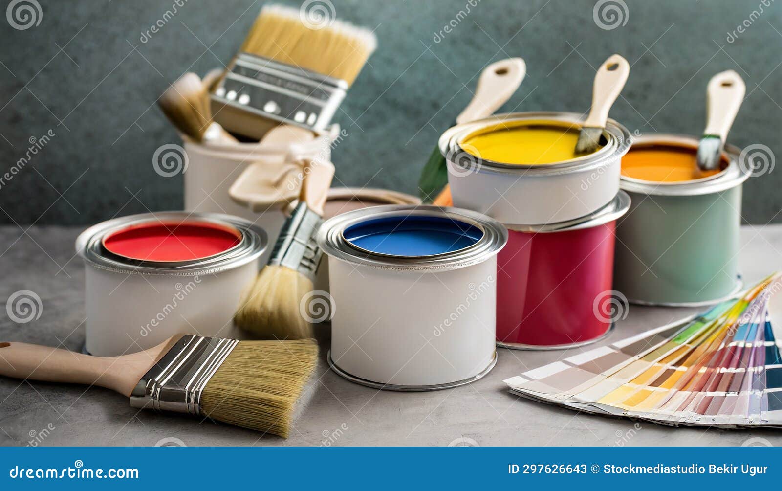 Paint Cans, Color Palette Samples And Brushes On Table Royalty-Free ...