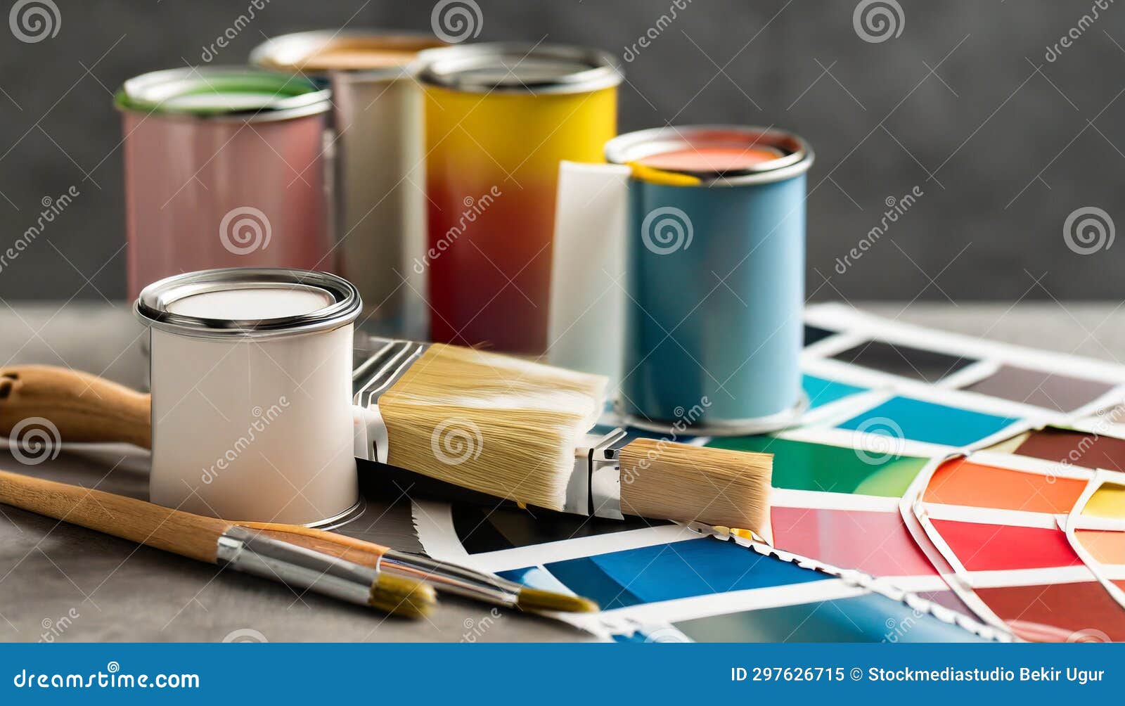 Paint Cans, Color Palette Samples And Brushes On Table Royalty-Free ...