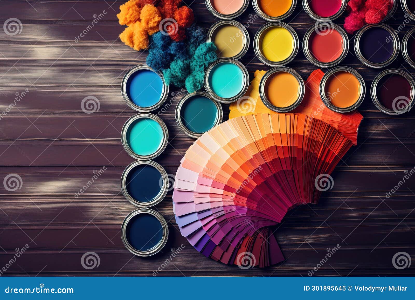 Paint Cans of Different Colors and Color Samples, Top View Stock ...