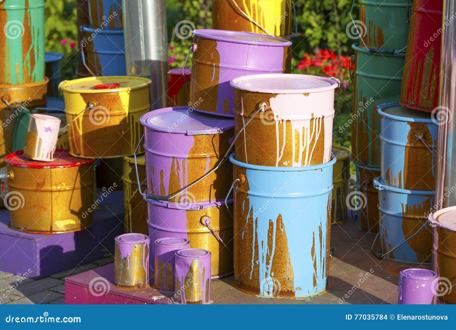 Paint Cans on Different Colors Stock Photo - Image of buckets ...