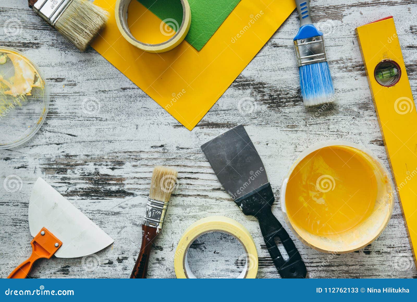 Paint for House Decor with Brushes and Accessories on the Desk Stock ...